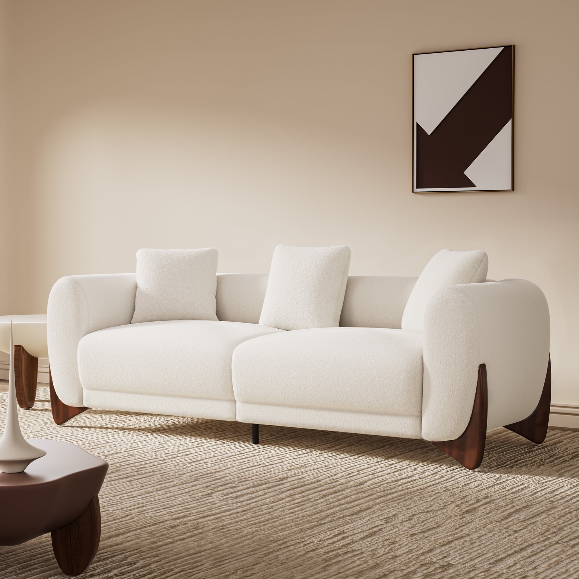 Morden Fort Boucle White Cloud Sofa, Upholstered Modern 3-Seater Comfy Couch with Crescent Wood ...