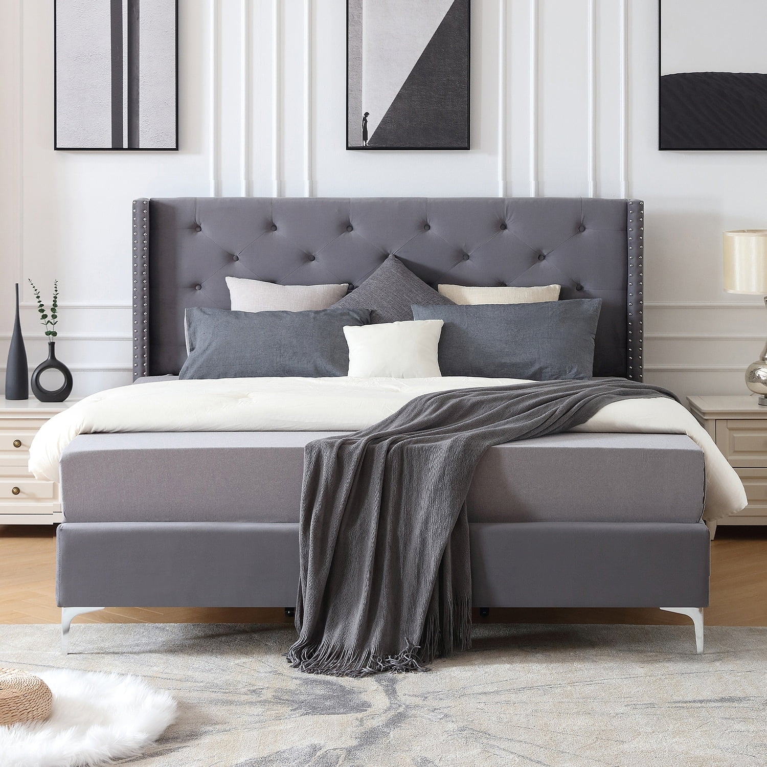 Morden Fort California King Size Velvet Upholstered Modern Platform Bed ...