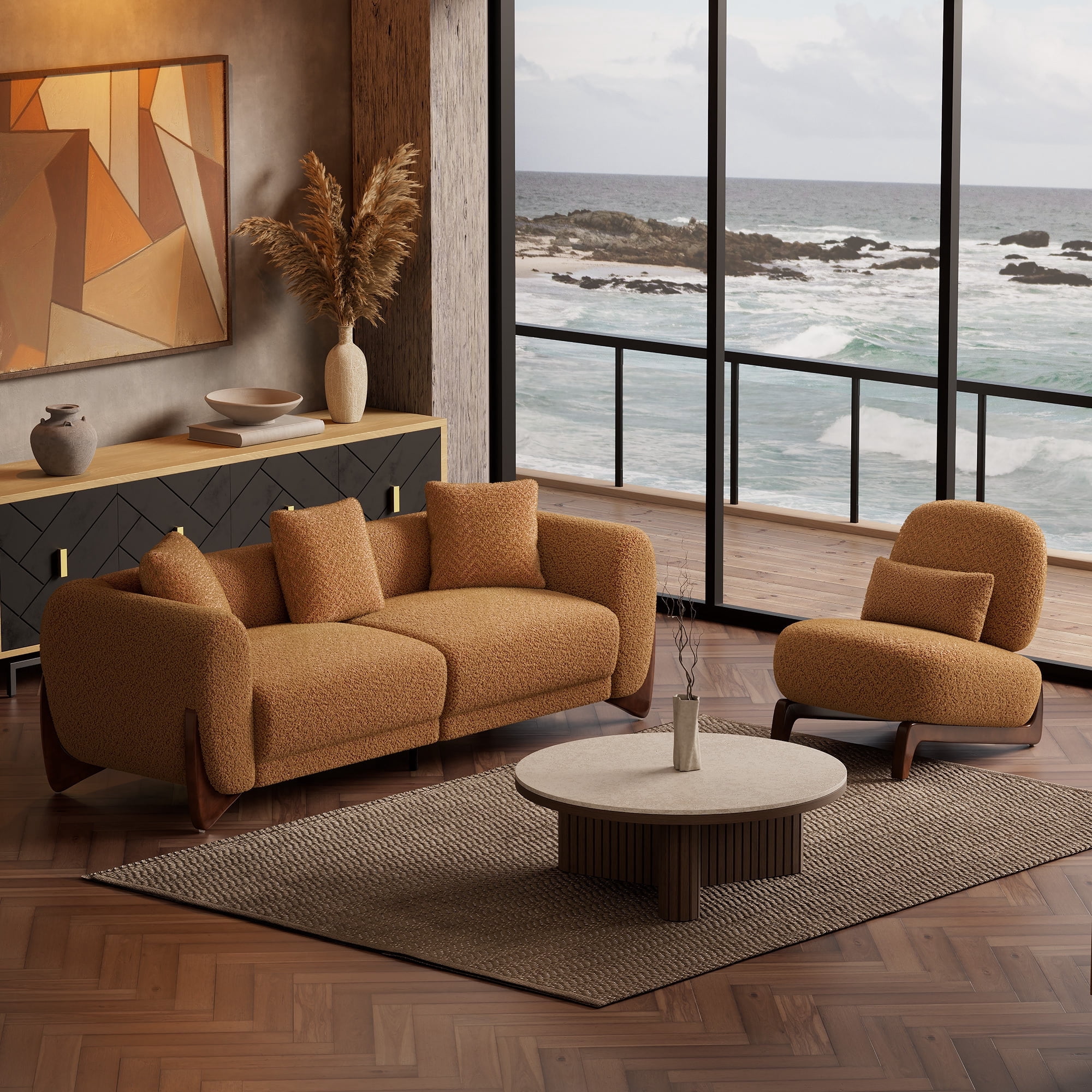 Morden Fort 2PCS Sofa & Accent Chair Set, Upholstered Lamb Fabric Sofa ...
