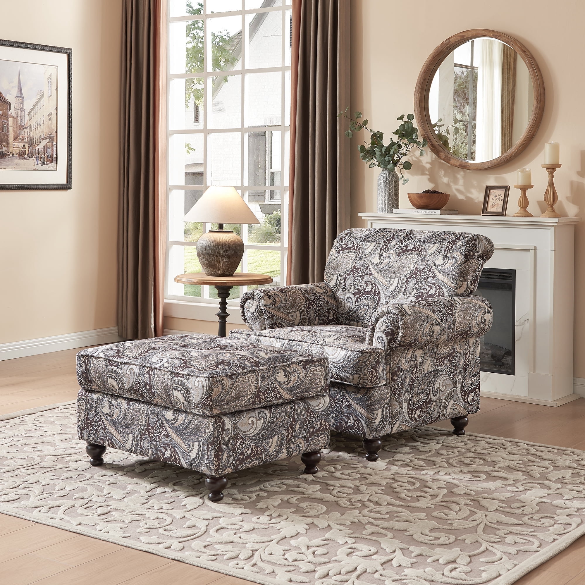 Morden Fort Floral Print Reading Armchair with Square Ottoman Set ...