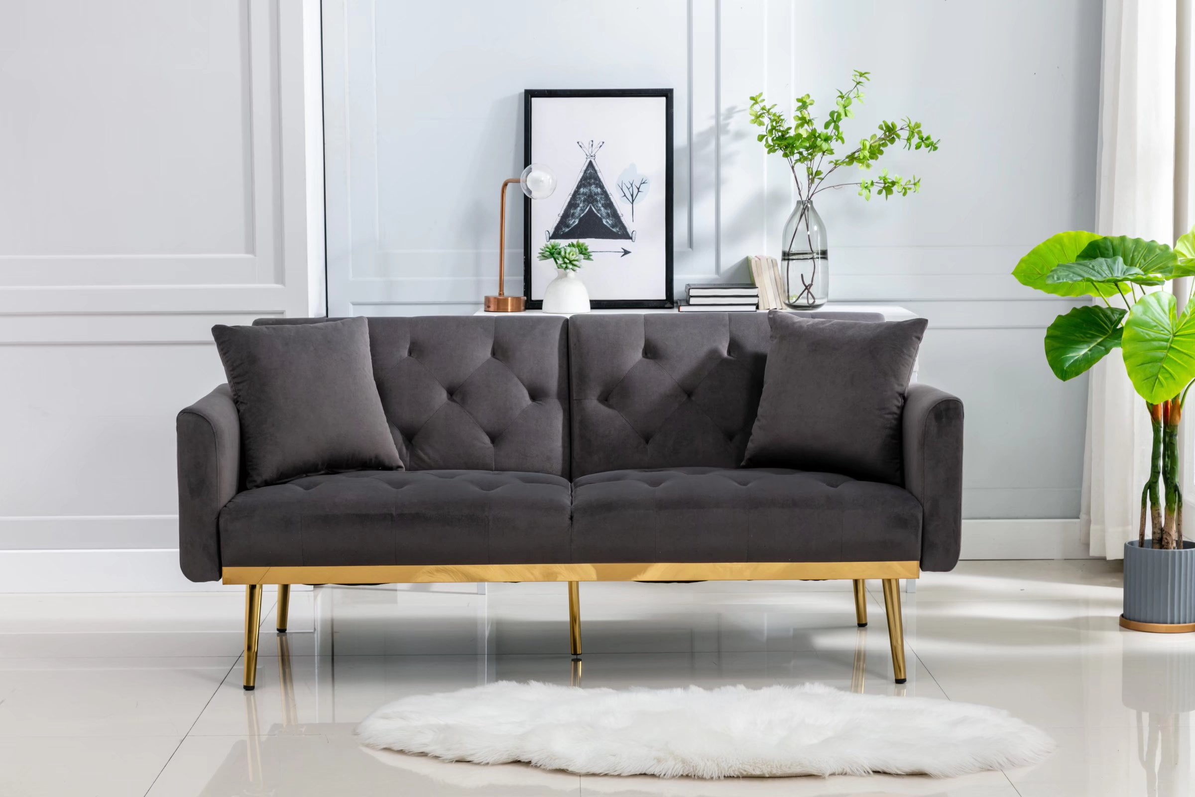 Morden Fort Gray Futon Sofa Bed Velvet Upholstered Couch Convertible ...