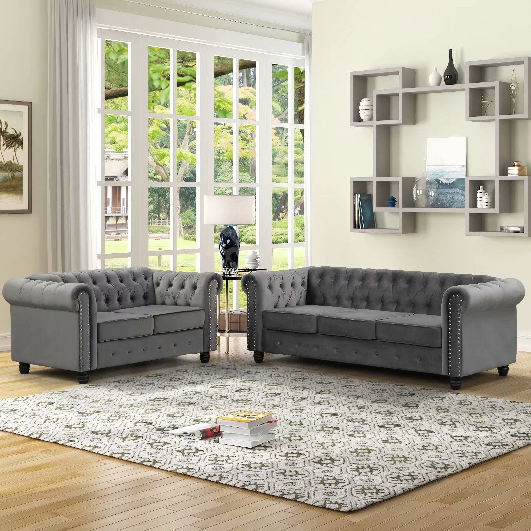 Morden Fort Modern Contemporary Loveseat and Sofa Set 2 Pieces with Deep Button Tufting Dutch ...