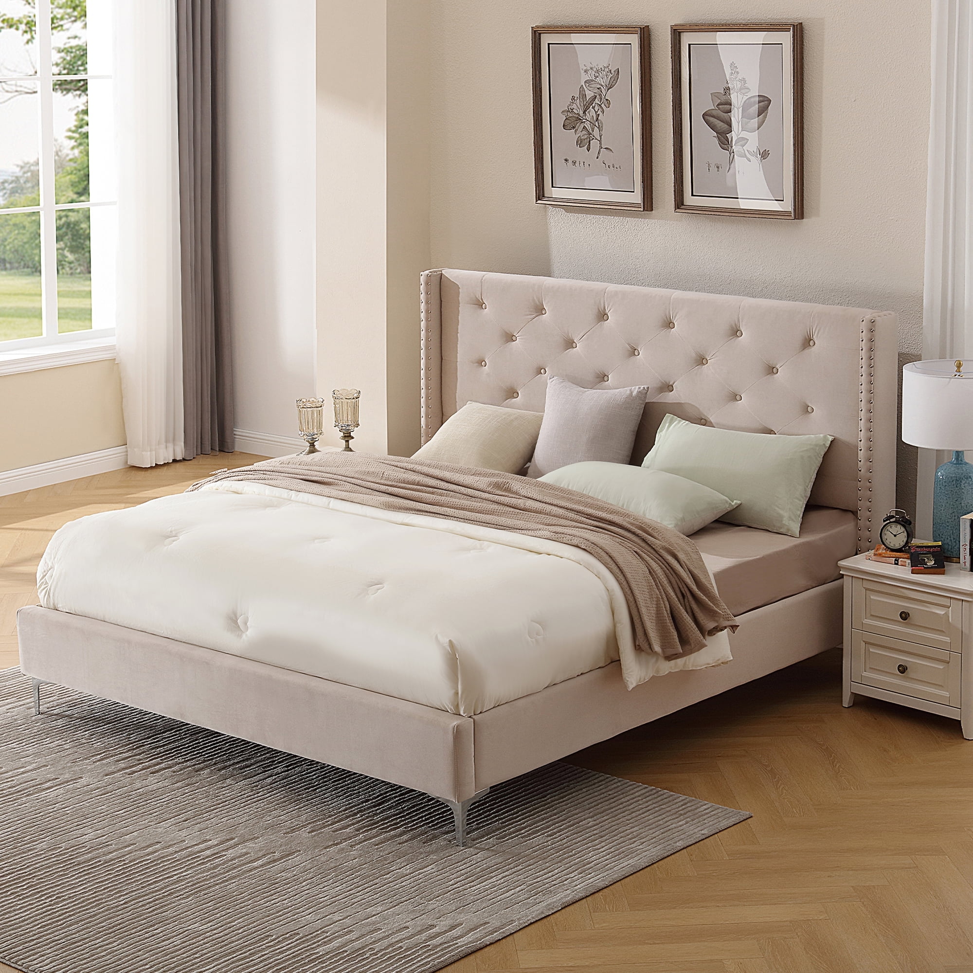Morden Fort Upholstered California King Bed Frame With Headboard Beige ...