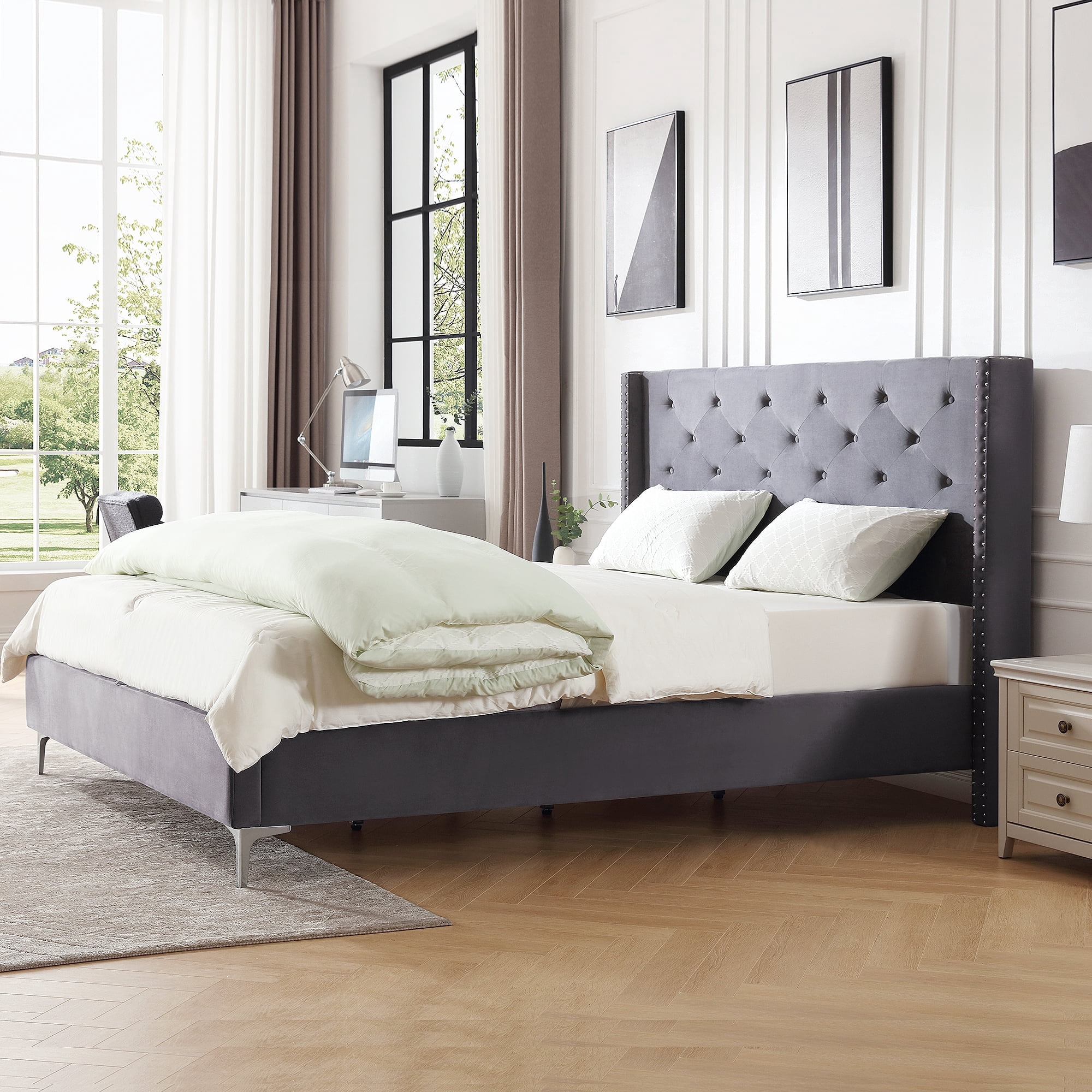 Morden Fort Velvet Queen Bed Frame with Tufted Headboard Soft Frame ...