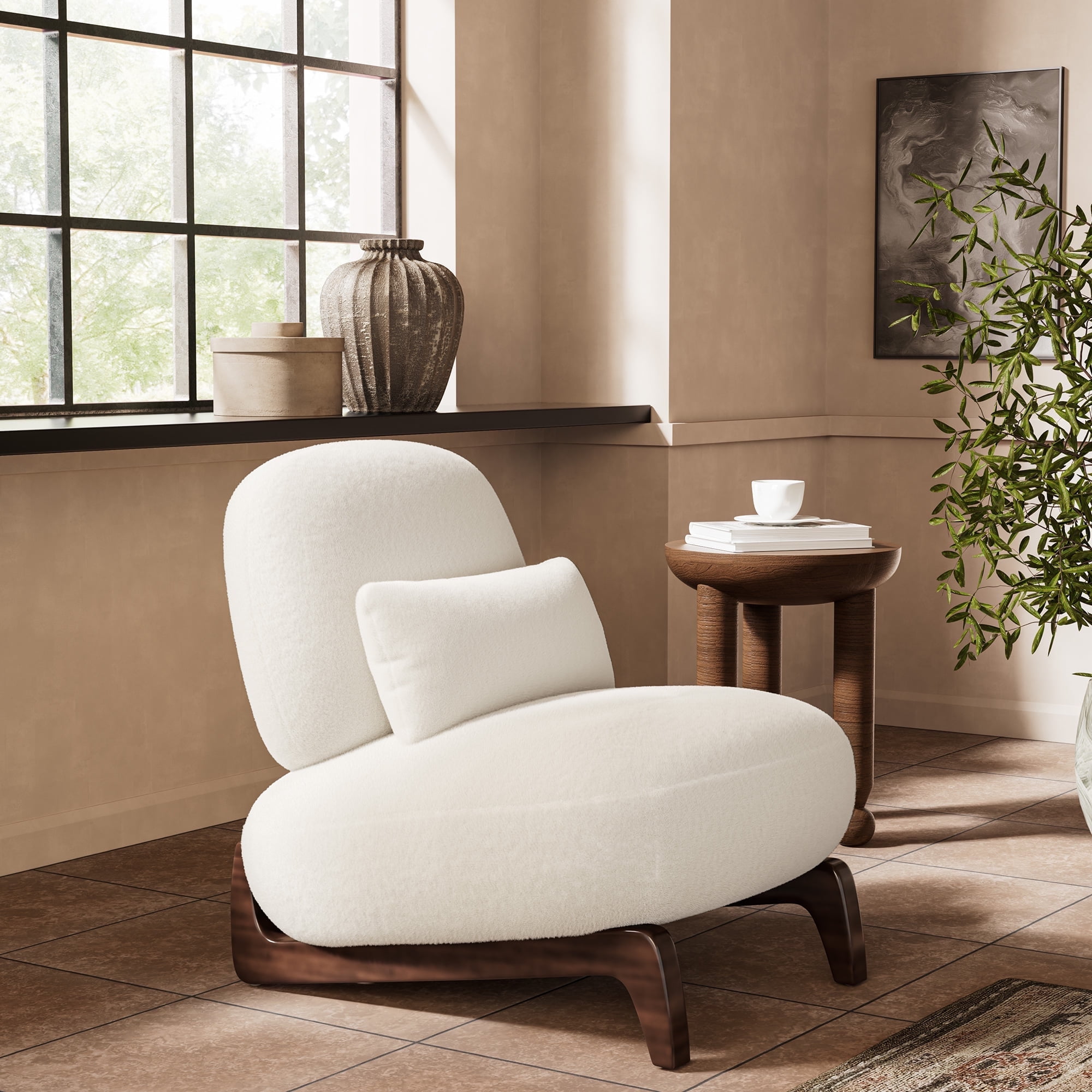 Morden Fort White Cloud Boucle Chair with Crescent Wood Legs, Tilt Back ...