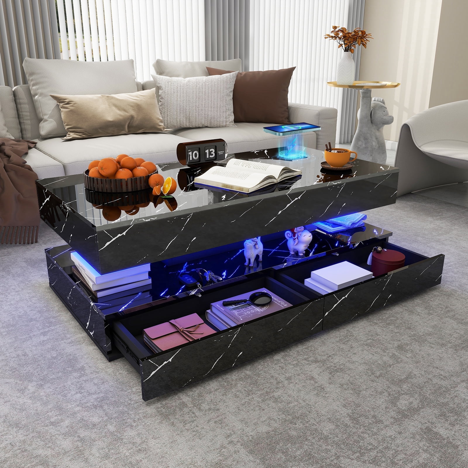 Morden LED Coffee Table with Storage, Wireless Charging, Built-in ...