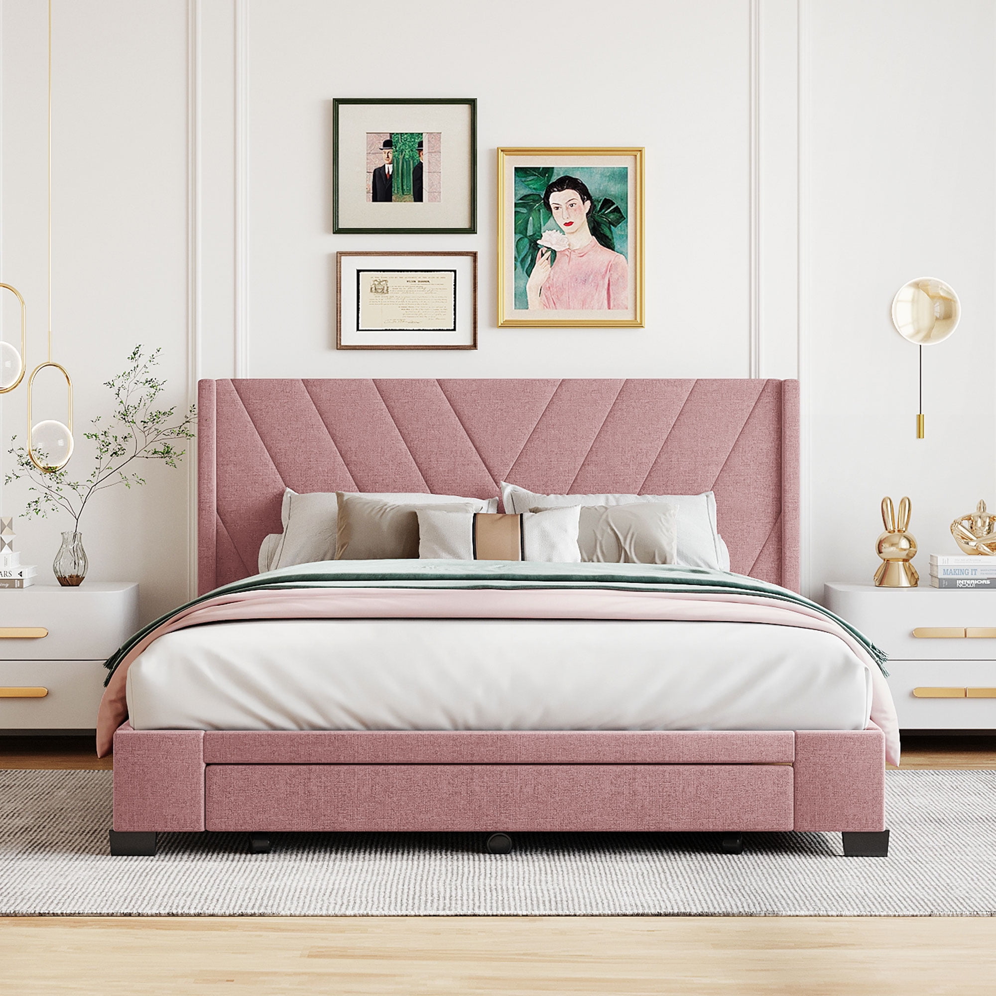 Morden Linen Upholstered Queen Bed Frame with Upholstered Headboard No ...