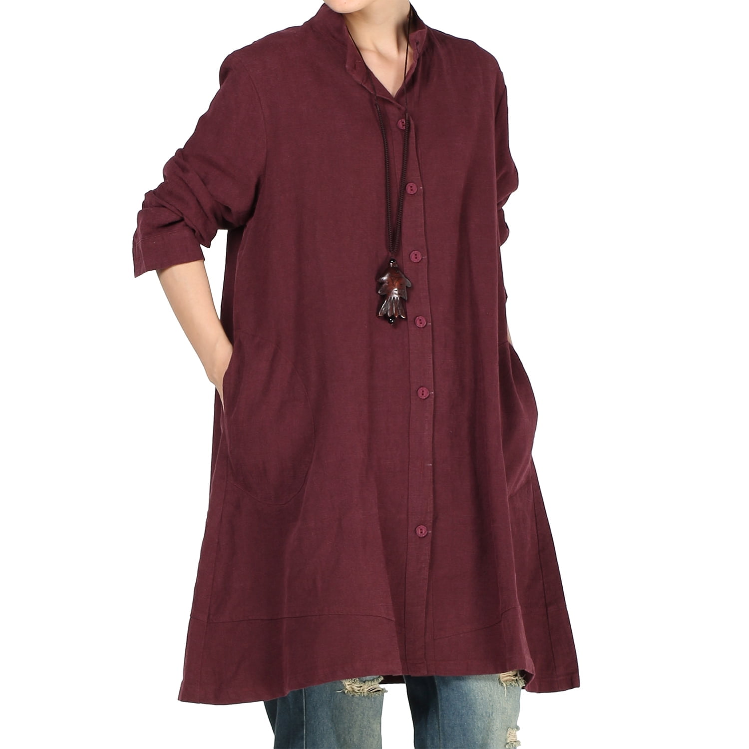 Mordenmiss Women's Cotton Linen Full Front Buttons Jacket Outfit with ...