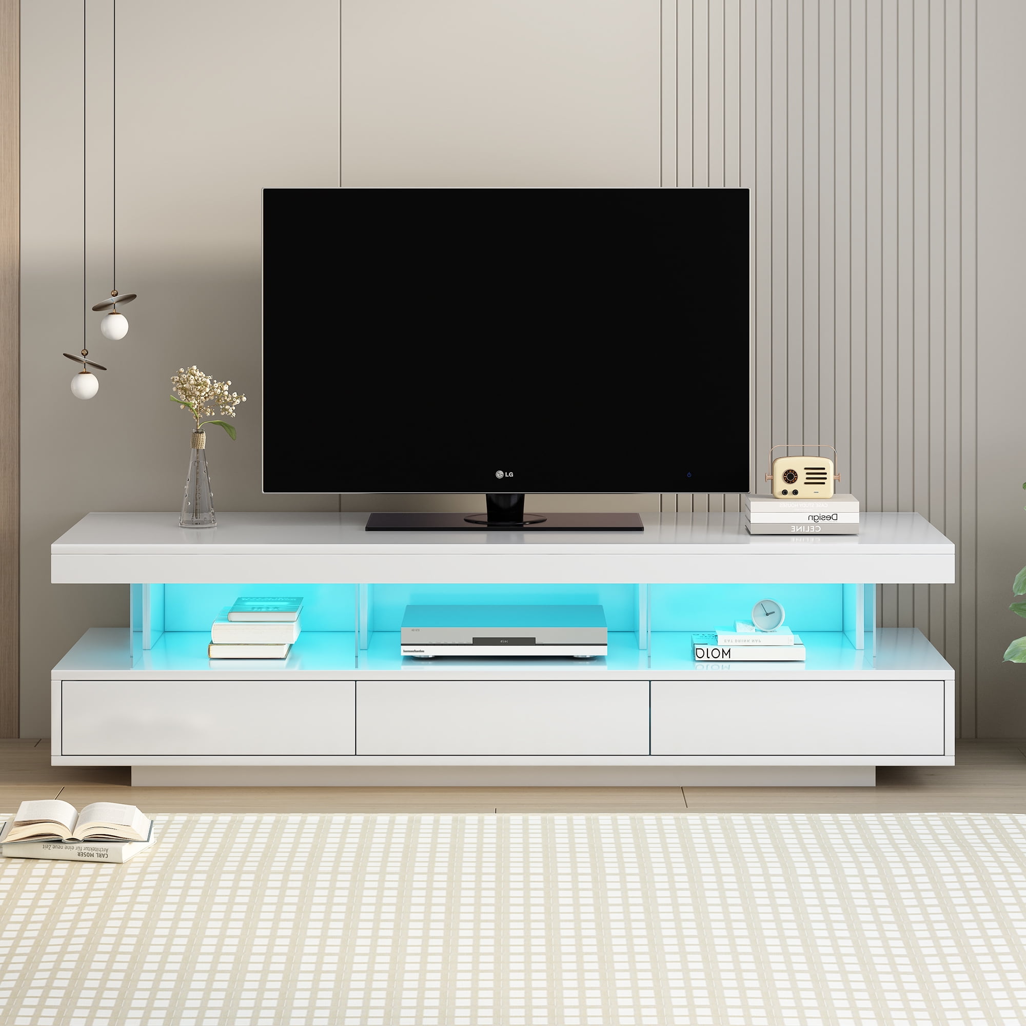 Mordern TV Table with Spacious Tabletop 3 Drawers Open Shelves High ...