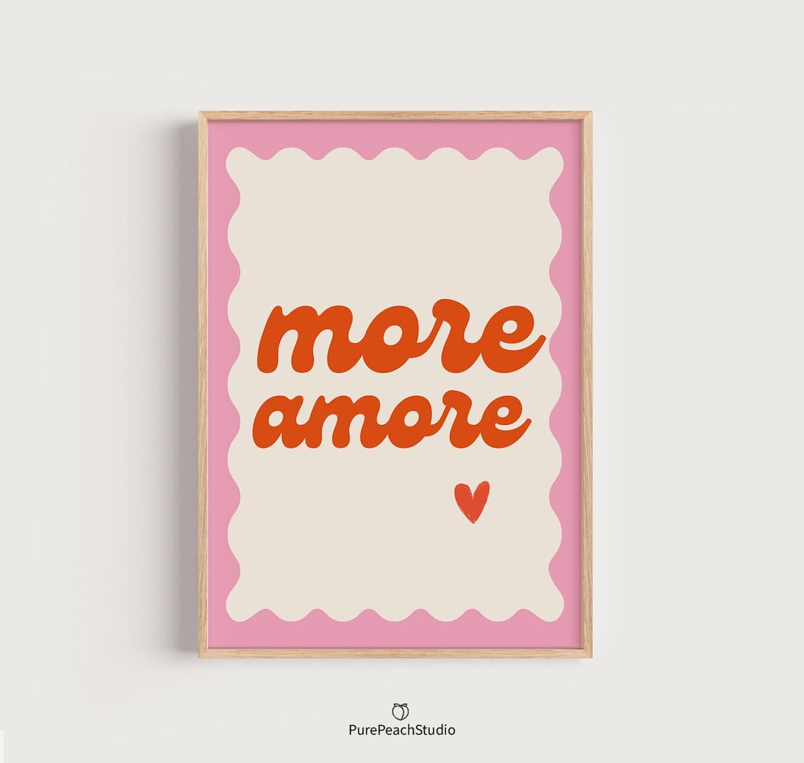 More Amore Poster: Retro Pink & Red Typography Poster, Stretched Canvas ...