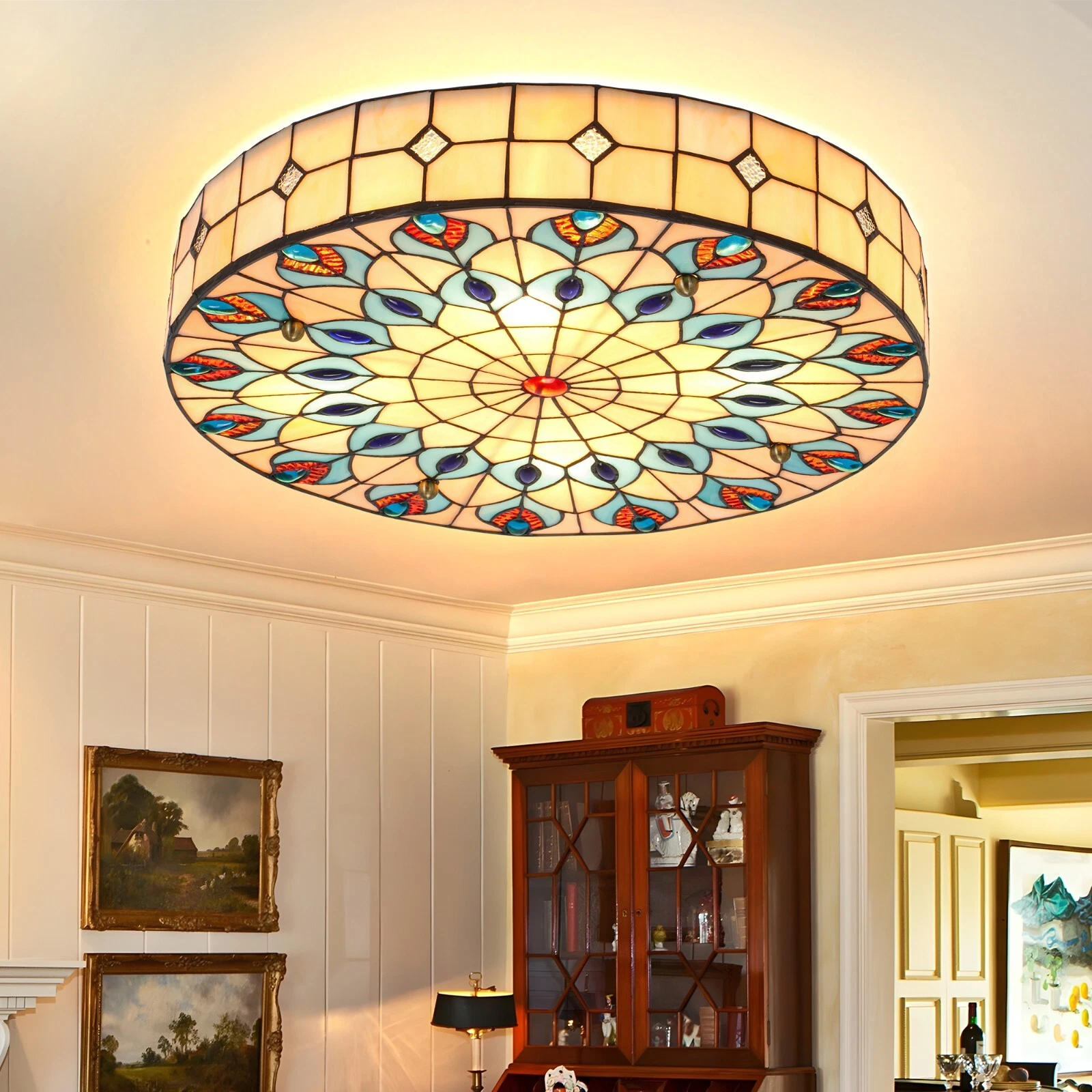 More Change 20" Retro Tiffany Style Chandelier Stained Glass Peacock ...