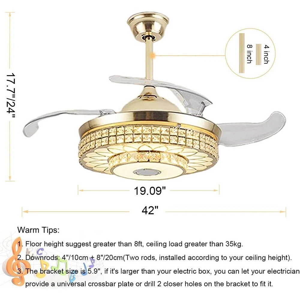 More Change 42" Remote Luxury Bluetooth Crystal Ceiling Fans Light ...