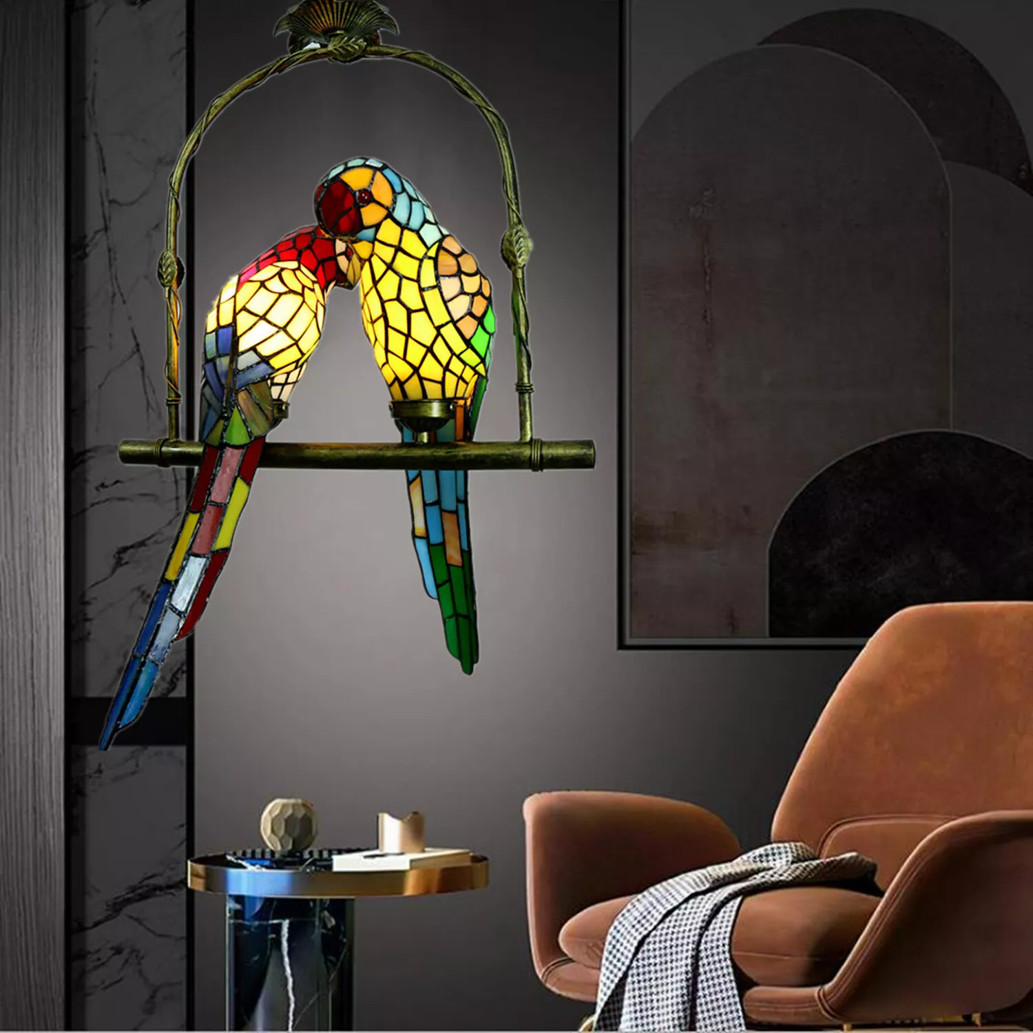 More Change Creative Parrots Stained Glass Chandeliers Metal Pendant ...