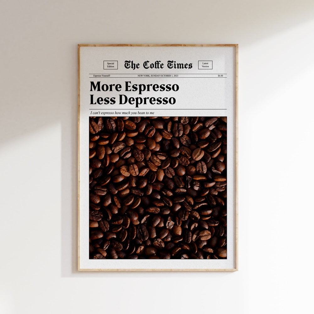 More Espresso, Less Depresso Newspaper Poster, Bar Cart Wall Decor ...