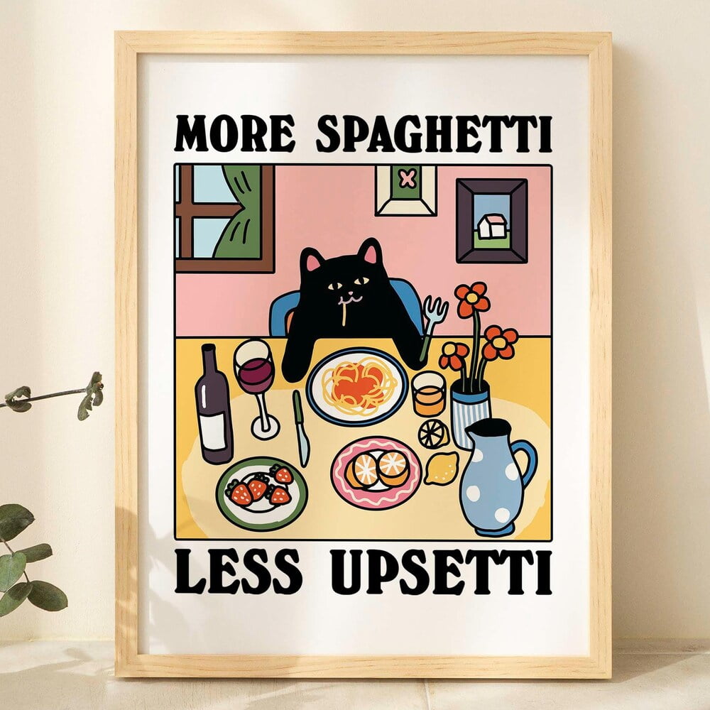More Spaghetti Less Regretti Black Cat Print, Retro Diner Poster ...
