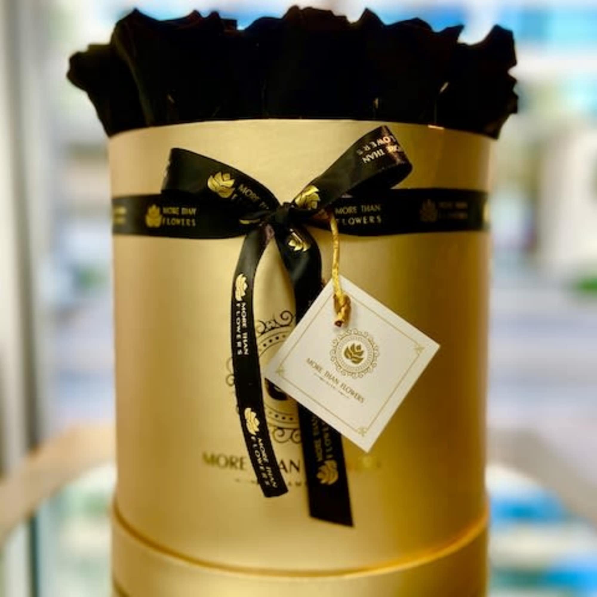 More Than Flowers Eternal Roses Round Box - Gold Box, Black Roses ...