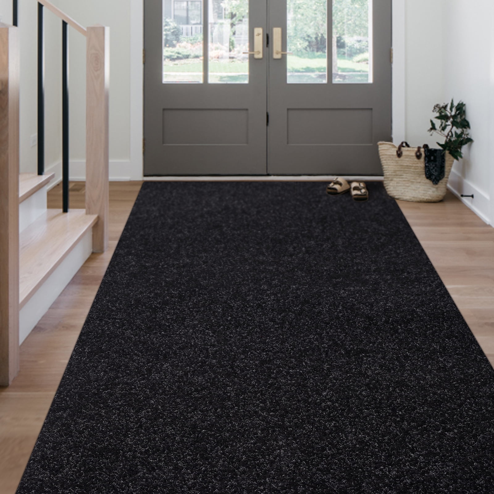 Morefany Solid Black Non-Slip Indoor Outdoor Runner Rug with Rubber ...