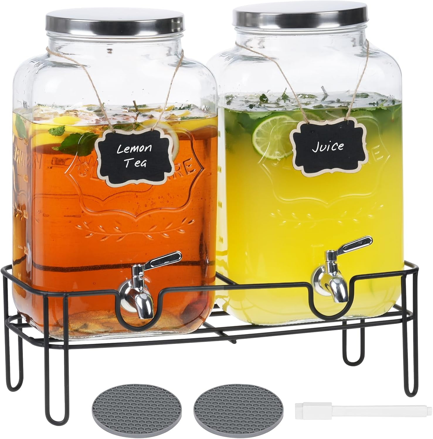 2 Gallon Glass Drinks Dispenser for Parties, 2 PACK Beverage Dispenser ...