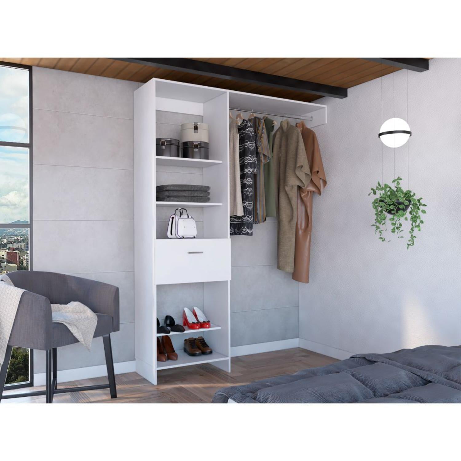 Manchester 150 Closet System, Metal Rod, Five Open Shelves, One Drawer ...