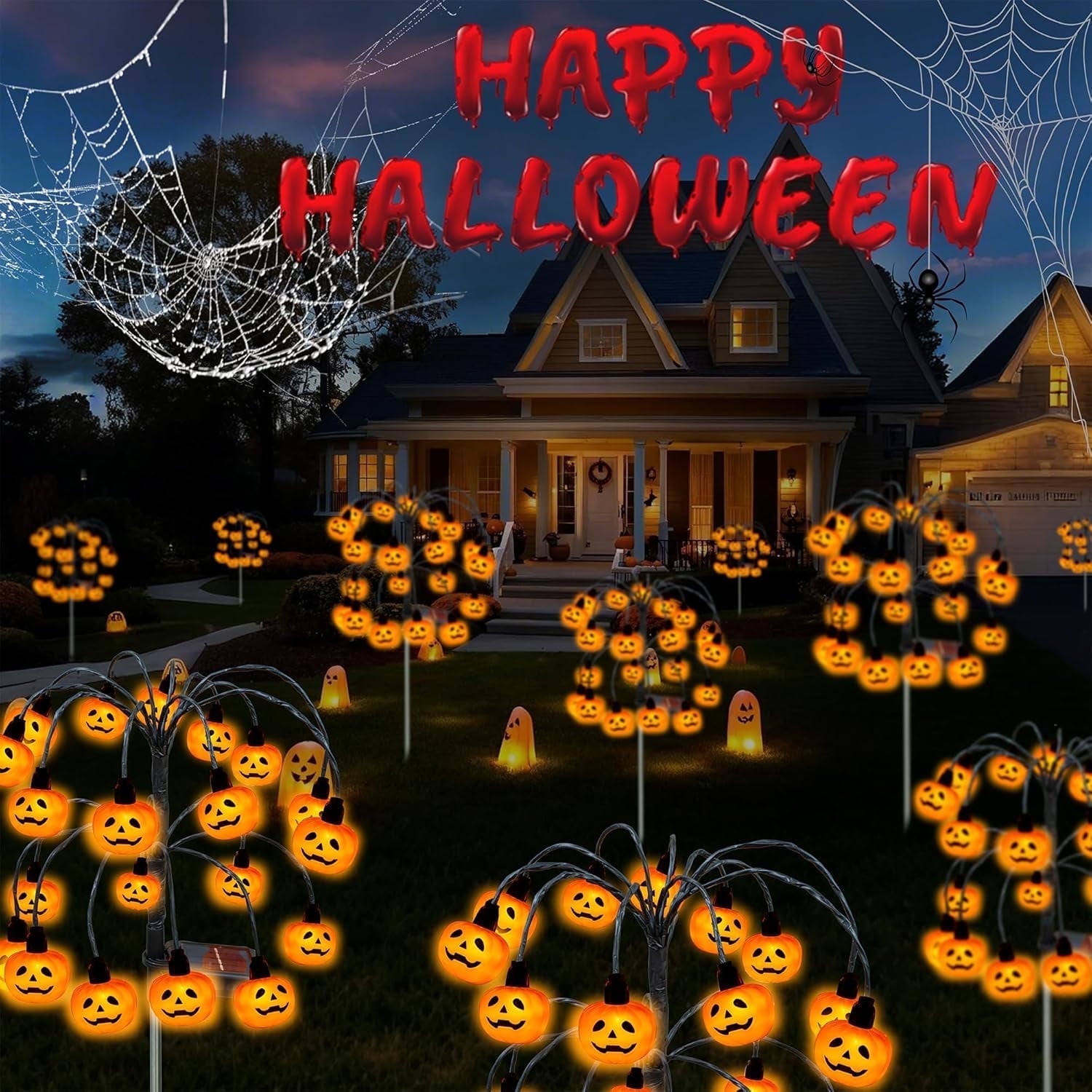 Solar Halloween Pumpkin Lights - 4 Pack 80LED Outdoor Waterproof ...