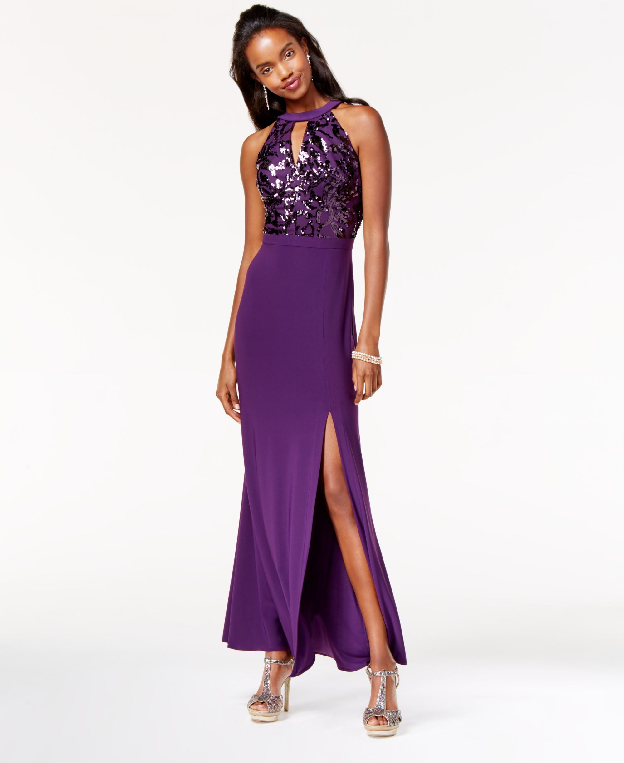 Morgan Company Juniors Side Slit Sequined Gown Plum 13 - Walmart.com