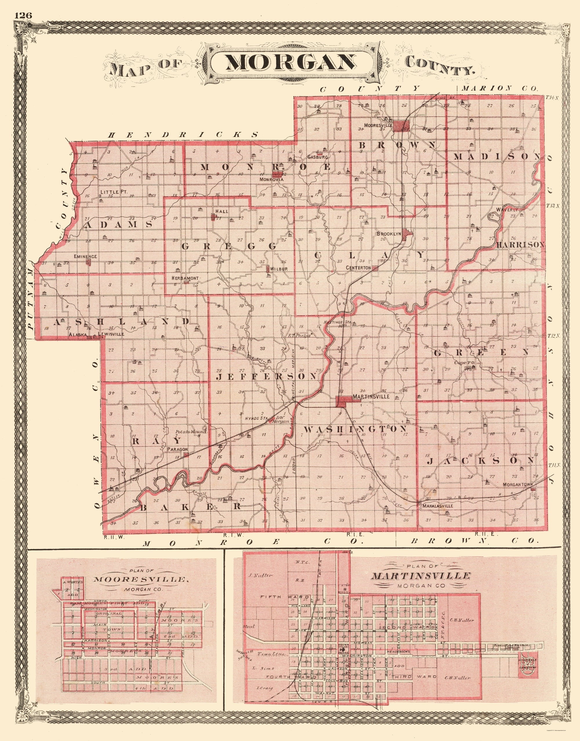 Historic County Map - Morgan County Indiana - Baskin 1876 - 23 x 29.35 ...