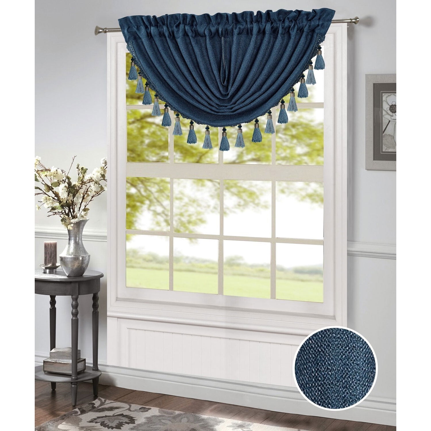 Morgan Rod Pocket Waterfall Valance With Fringe Tassels, Blue, 48x37 ...