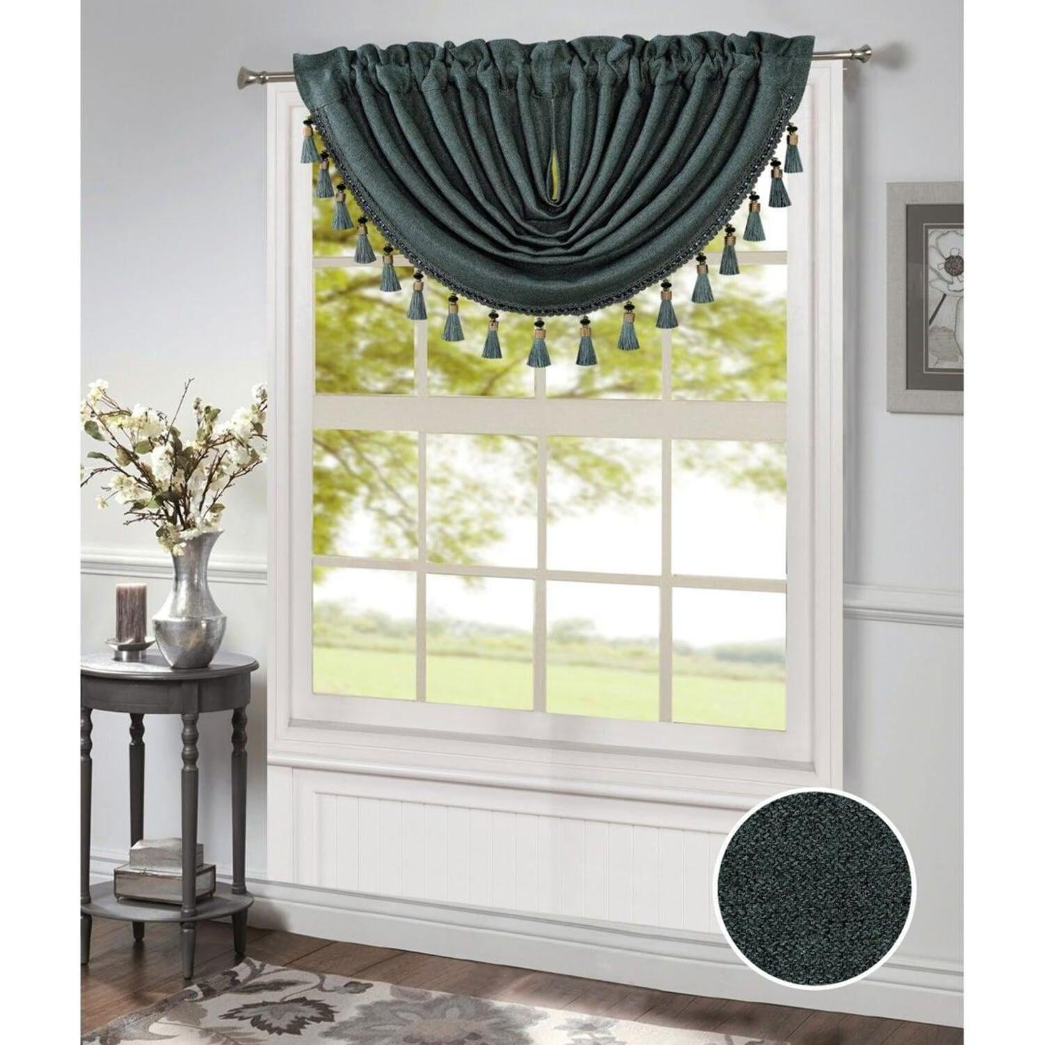 Morgan Rod Pocket Waterfall Valance With Fringe Tassels, Green, 48x37 ...