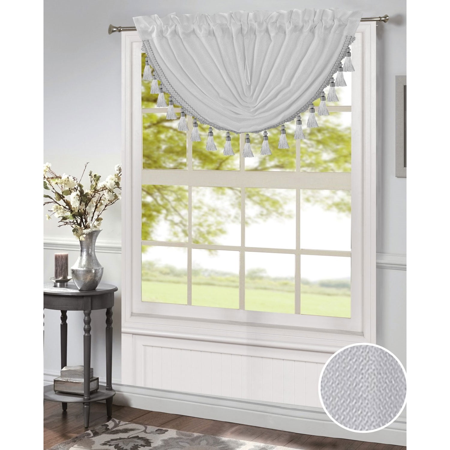 Morgan Rod Pocket Waterfall Valance With Fringe Tassels, White, 48x37 ...
