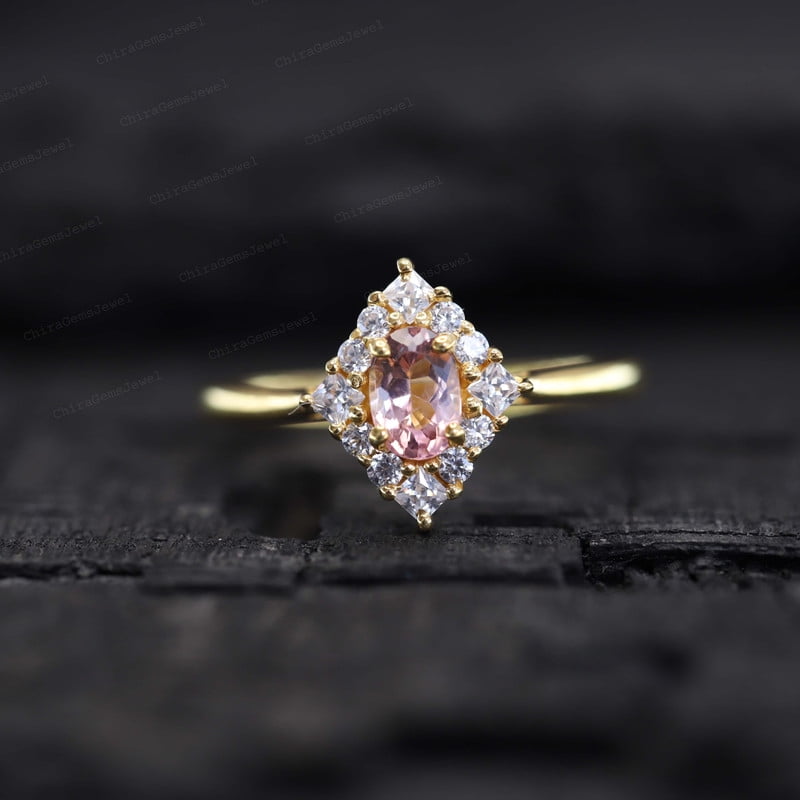 Morganite & Diamond Halo Engagement Ring Peach Color Gemstone Promise ...