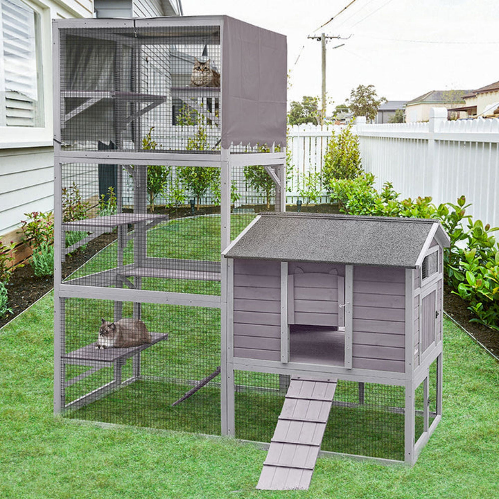 "Aivituvin Morgete Catio - Outdoor Cat House with Wooden Door, 90""H, 2 ...