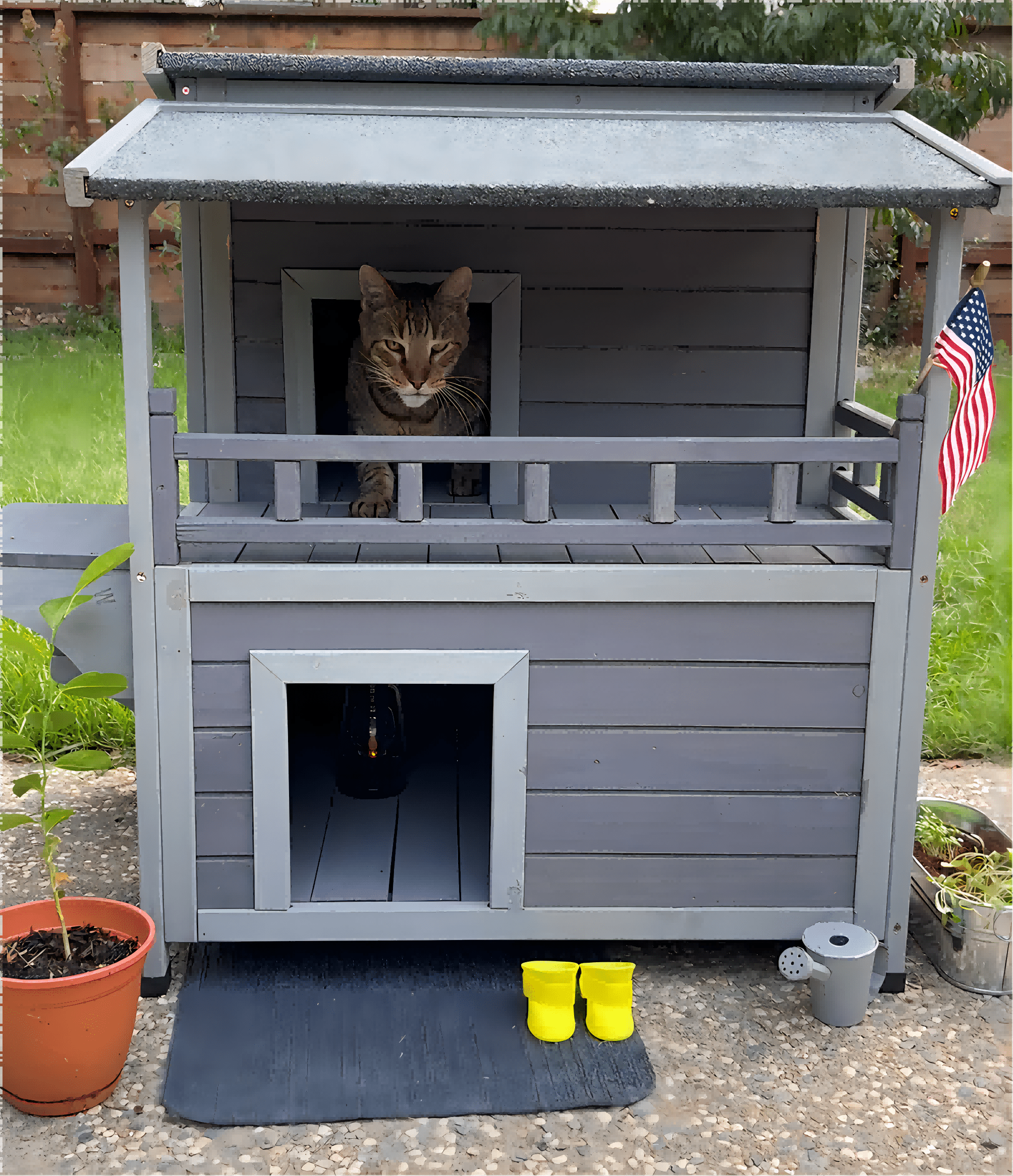 PawHut 2 Tier Outdoor Cat House, Weatherproof Cat Shelter with Escape ...