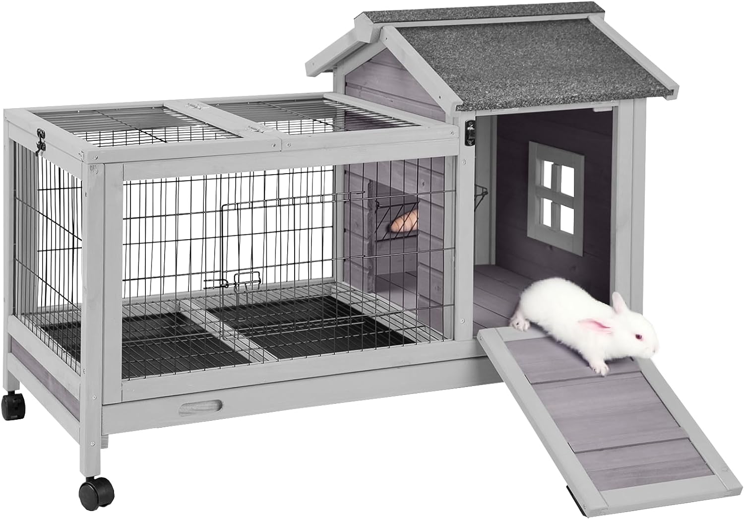 PawHut Wooden Rabbit Hutch with Run, Tray, Ramp for 1-3 Rabbits, White ...