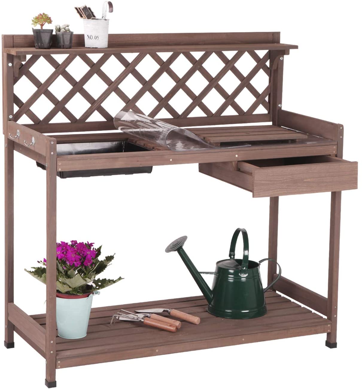 Costway Outdoor Potting Bench, Large Metal Tabletop, Wooden Garden Work ...