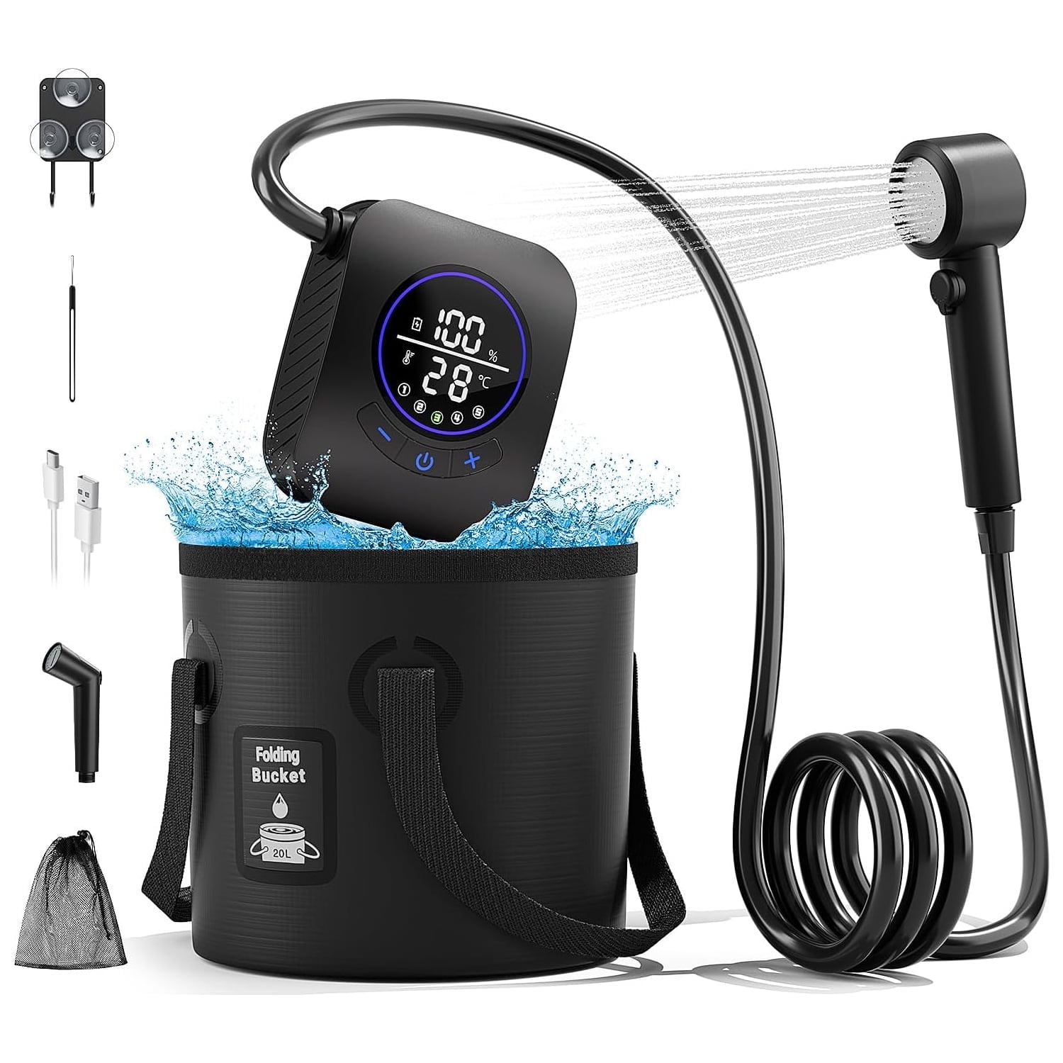 MORIKOKI Portable Camping Shower Kit, 8000mAh Rechargeable Pump, 5 ...