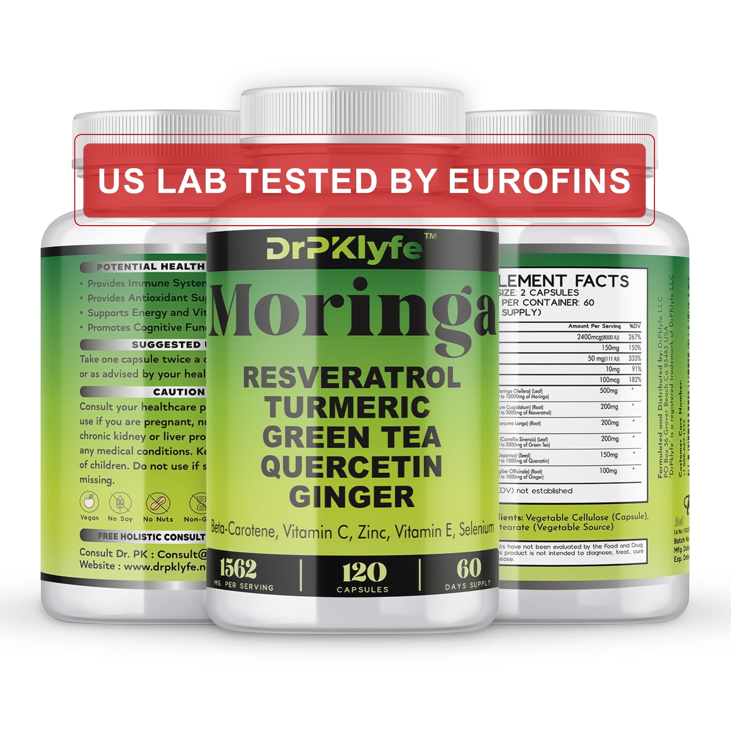 DrPklyfe's Moringa-Resveratrol-Turmeric-Green Tea-Quercetin-Ginger Complex 120 Capsules ...