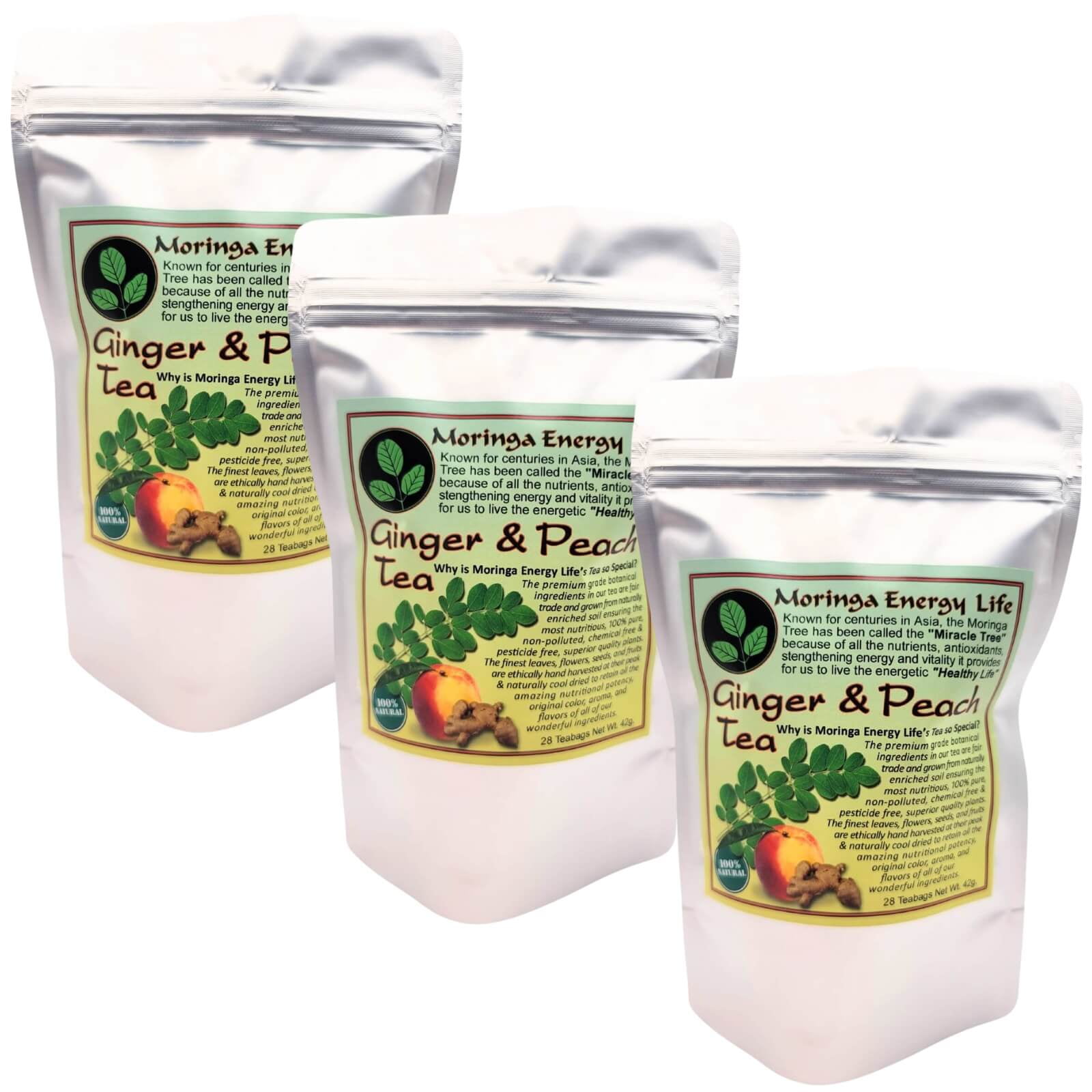 Moringa Peach Ginger Tea Bags by Moringa Energy Life, 3 pack, 84 herbal ...