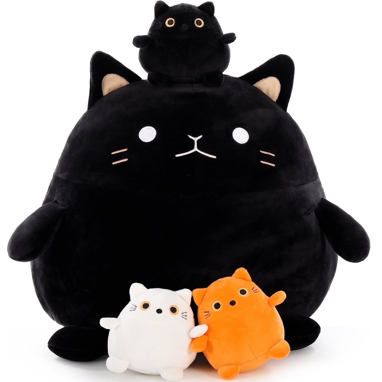 MorisMos 16" Black Fat Cat Stuffed Animal Mommy Cat with 3 Kitty Plush ...