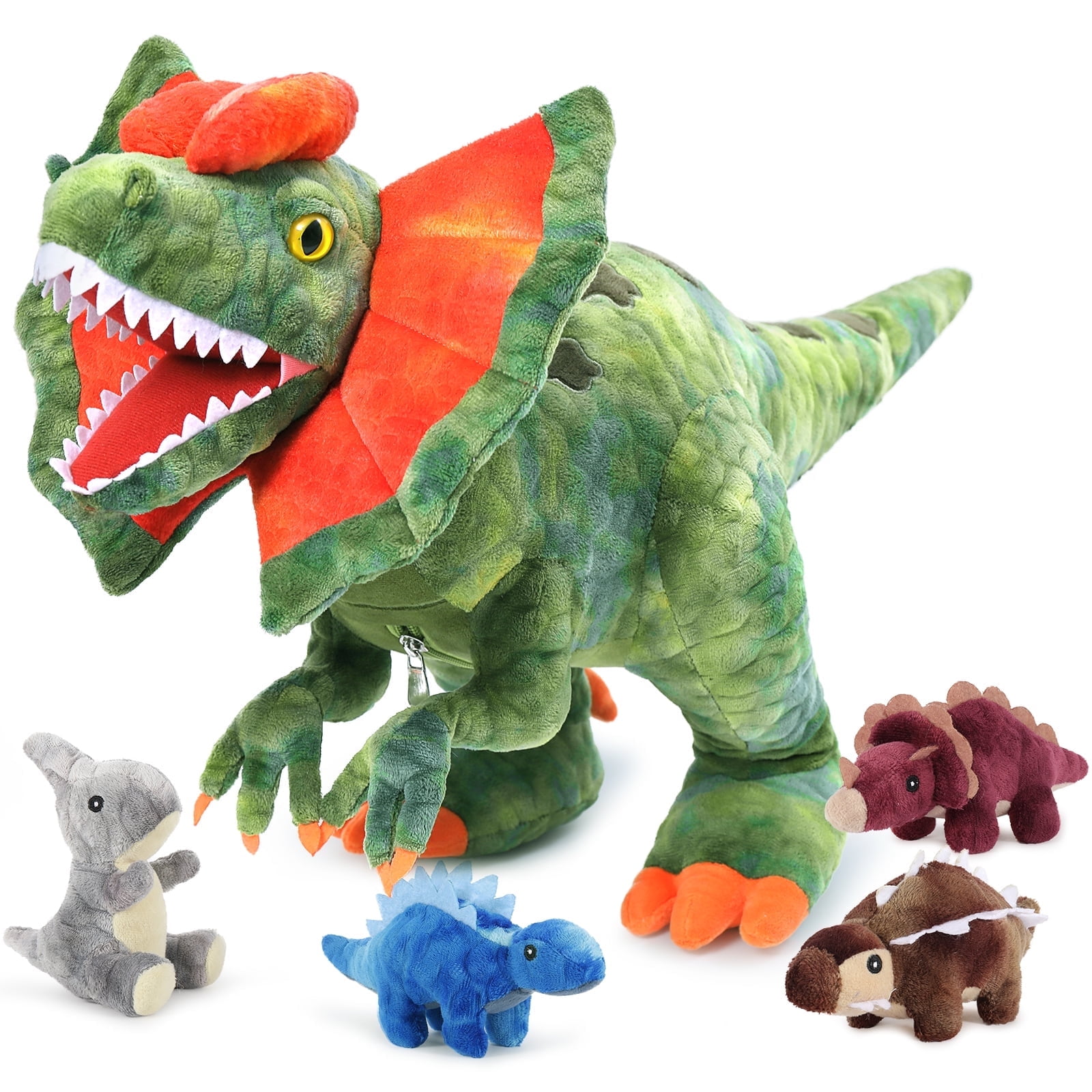 MorisMos 18" Giant Dinosaur Stuffed Animal Mommy Dilophosaurus with 4 ...