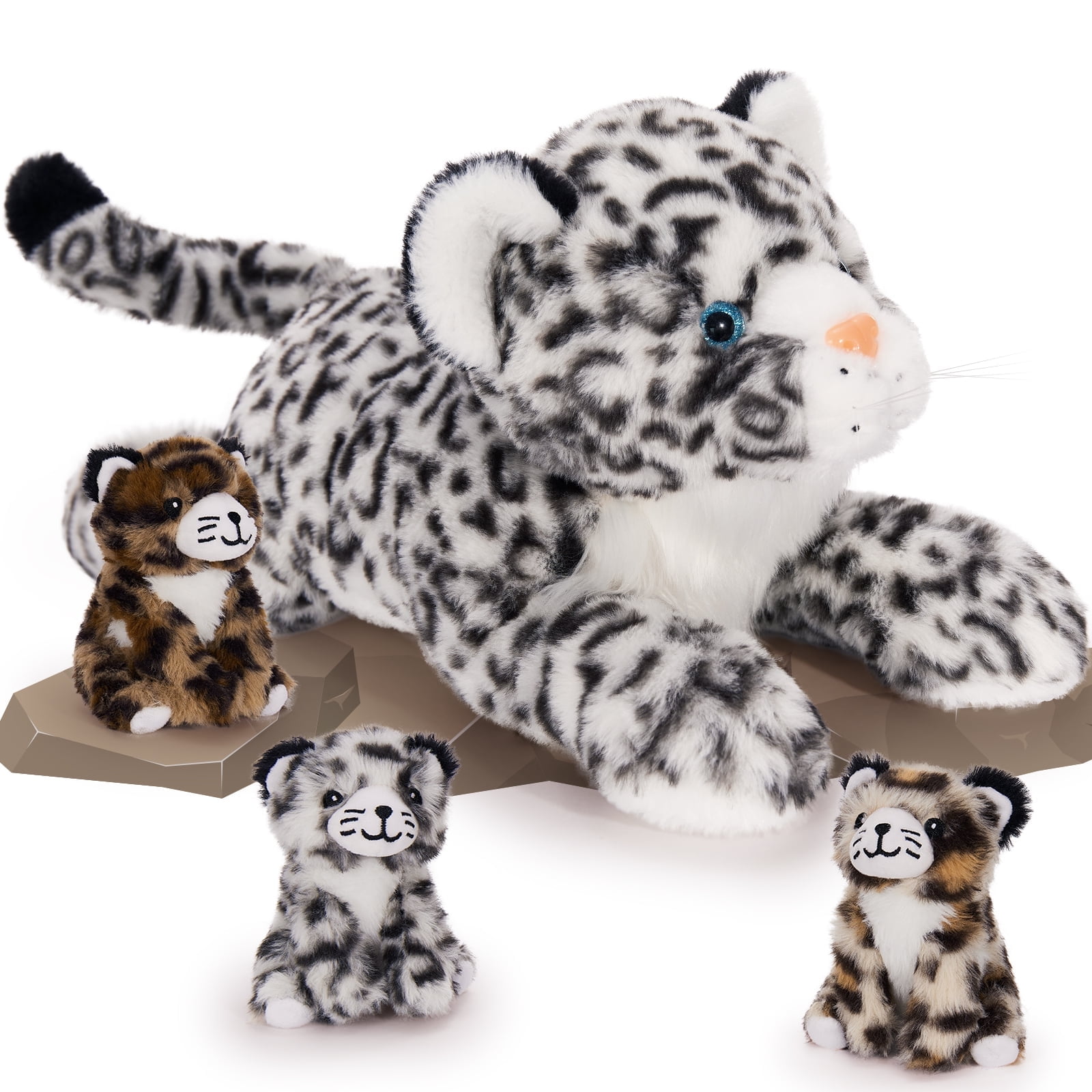 MorisMos 18" Snow Leopard Stuffed Animals Stuffed Cheetah with 3 Babies ...