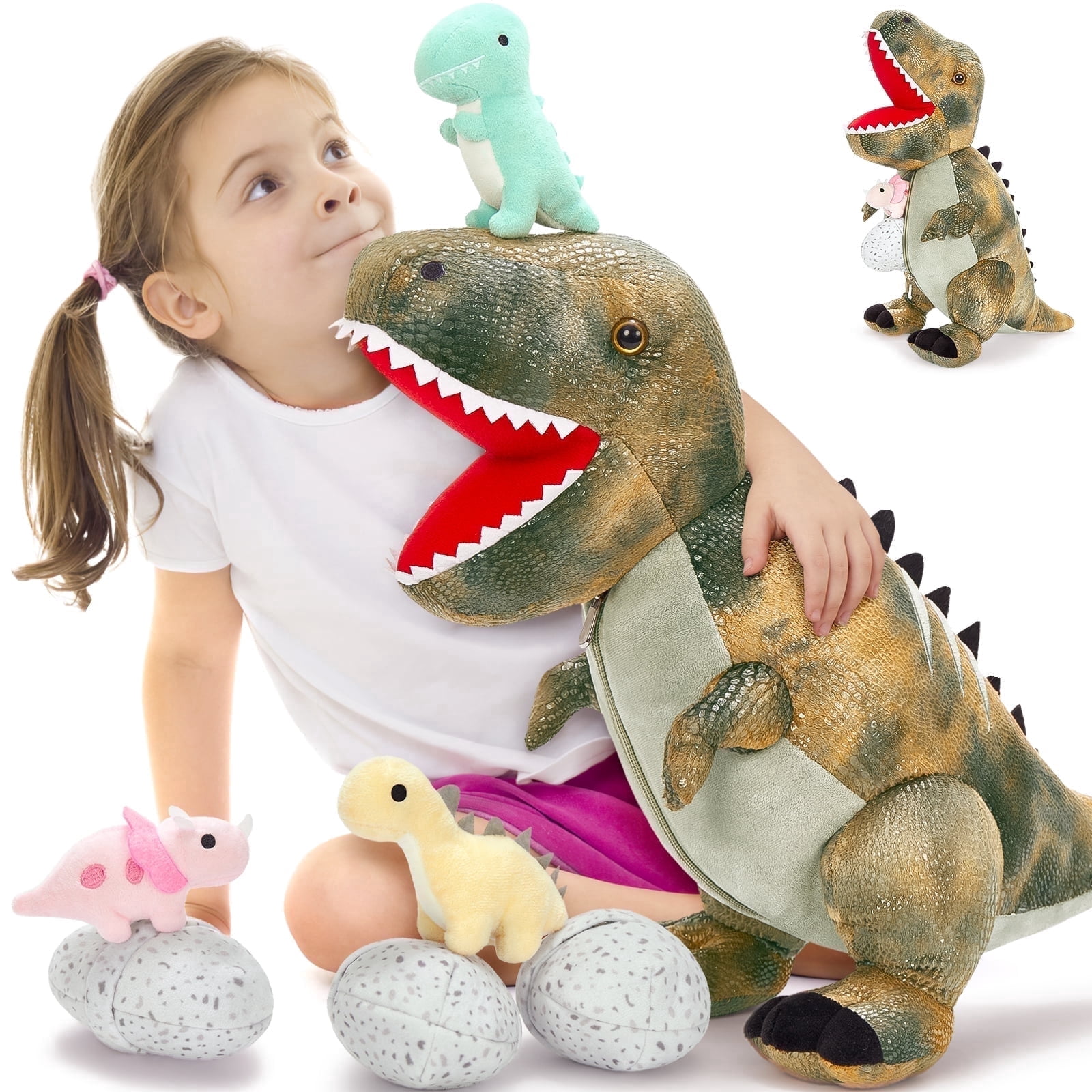MorisMos 23.6" Stuffed Dinosaur Toy Mommy with 3 Baby Dinosaurs ...