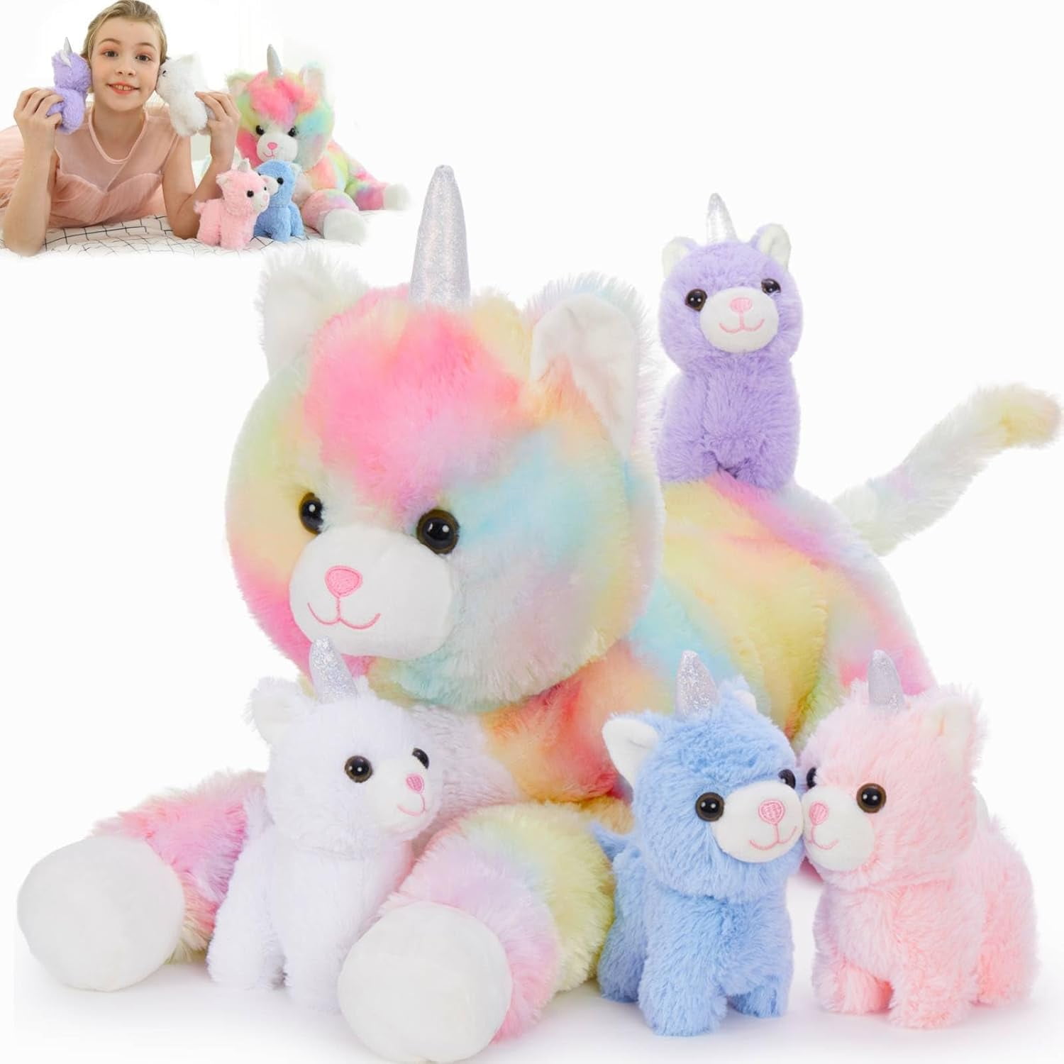 MorisMos 24" Unicorn Cat Stuffed Animal Mommy Kitty and 4 Baby Plush ...