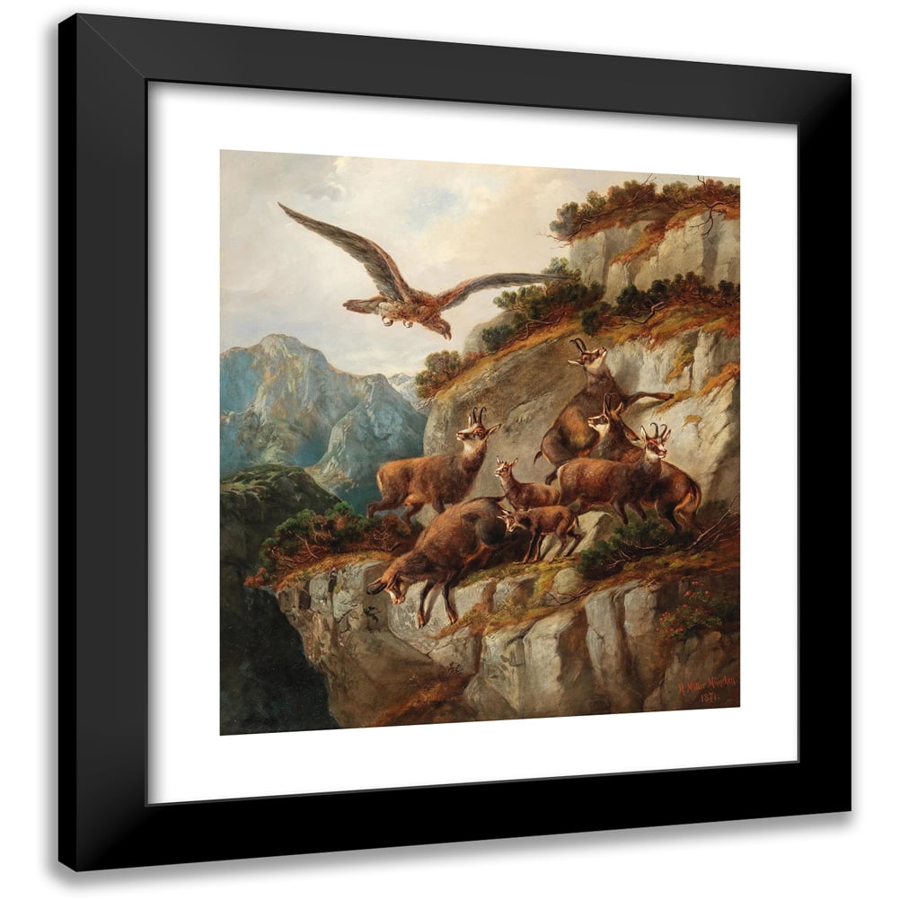 Moritz Müller 12x14 Black Modern Framed Museum Art Print Titled - Chamois and Eagle on a Steep ...