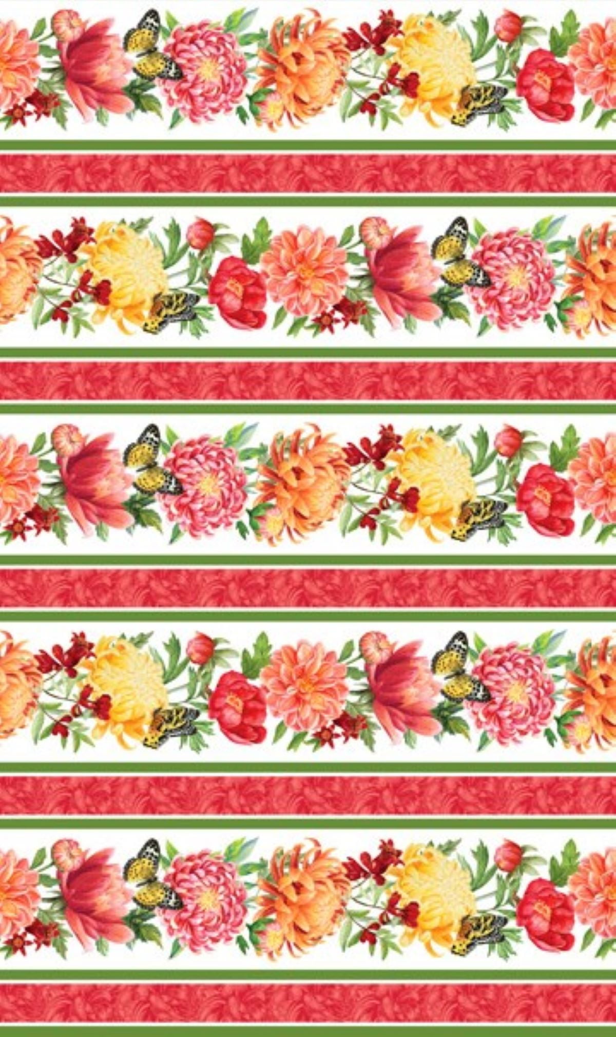 Morning Blossom Border Stripe White Background Cotton Fabric by ...