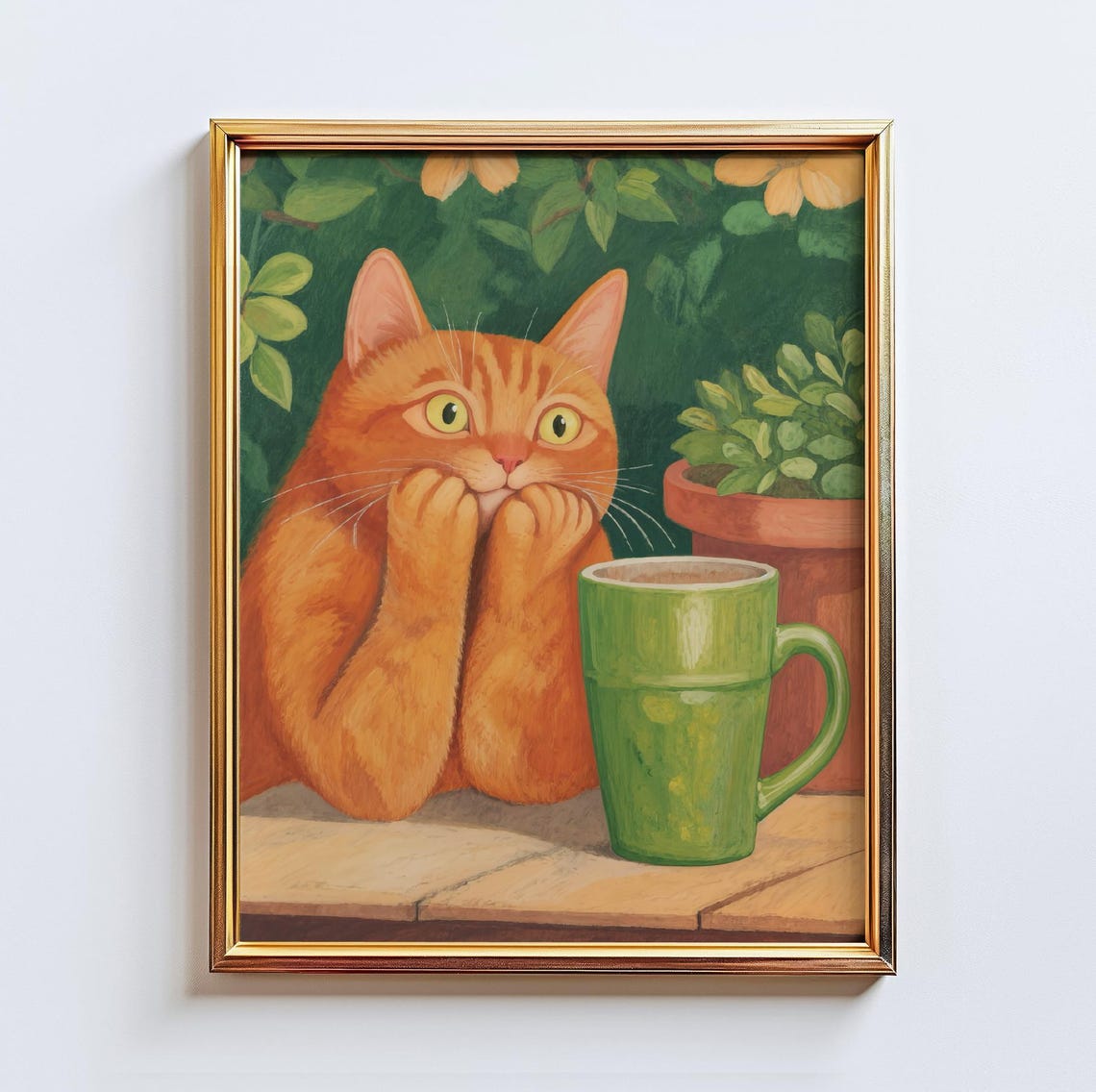 Morning Cat – Cozy Orange Cat Coffee Art Print, Warm Aesthetic Wall ...