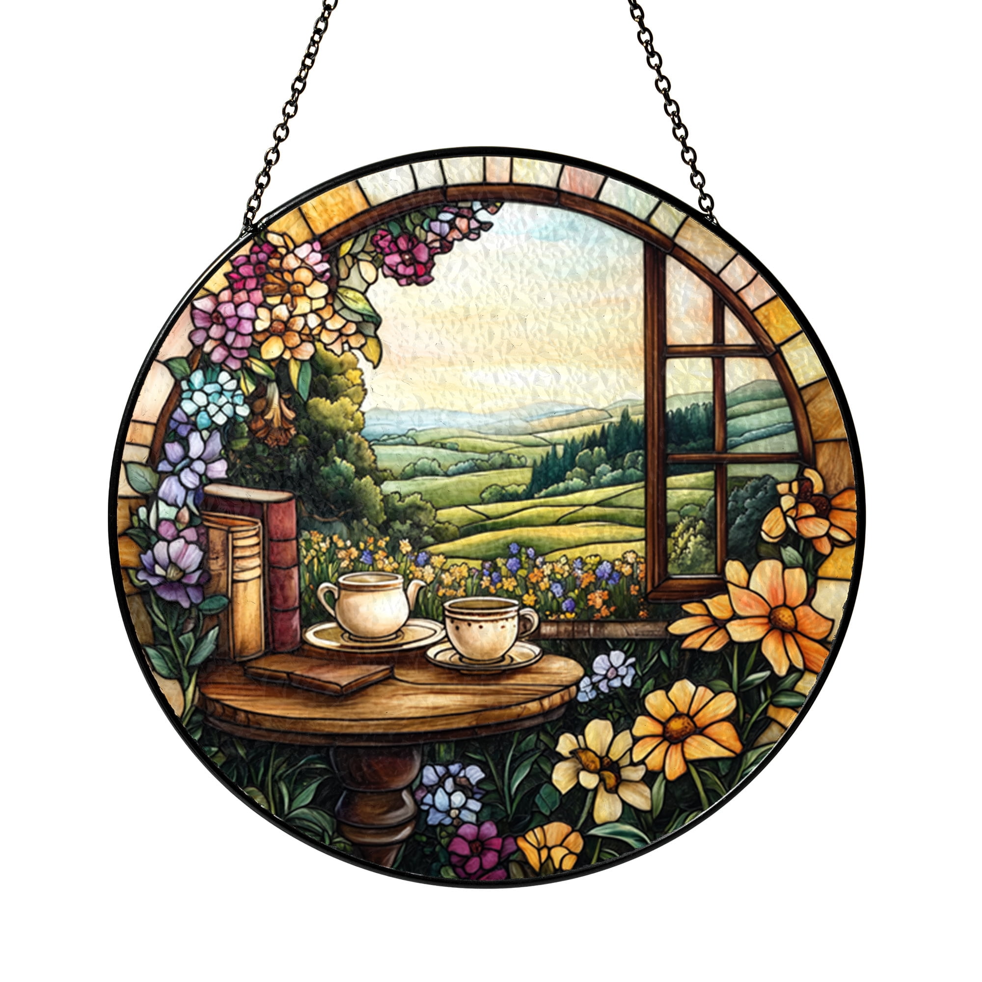 Morning Coffee Cottage Scene Stained Glass Suncatcher – Window Decor ...