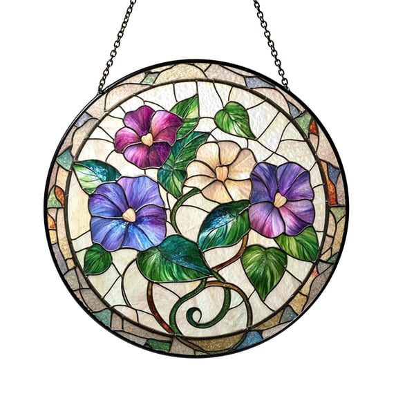 Morning Glory Floral Stained Glass Suncatcher, Round Decorative Window ...