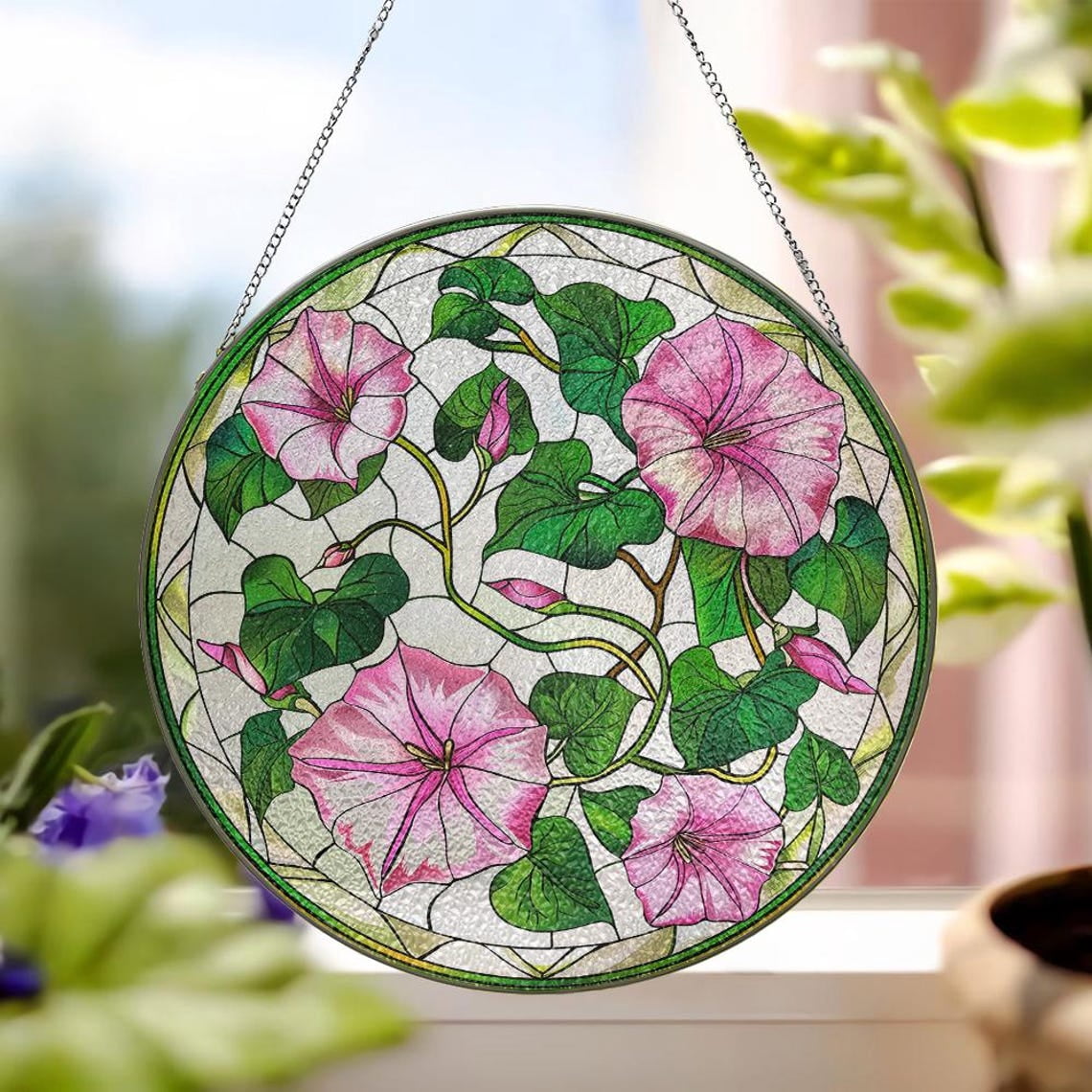 Morning Glory Flower Glass Suncatcher v4, September Birth Month, Floral ...
