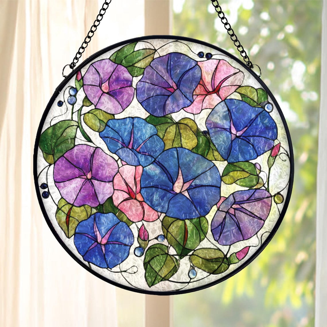 Morning Glory Glass Suncatcher v7, Purple Blue Floral Window Decor ...