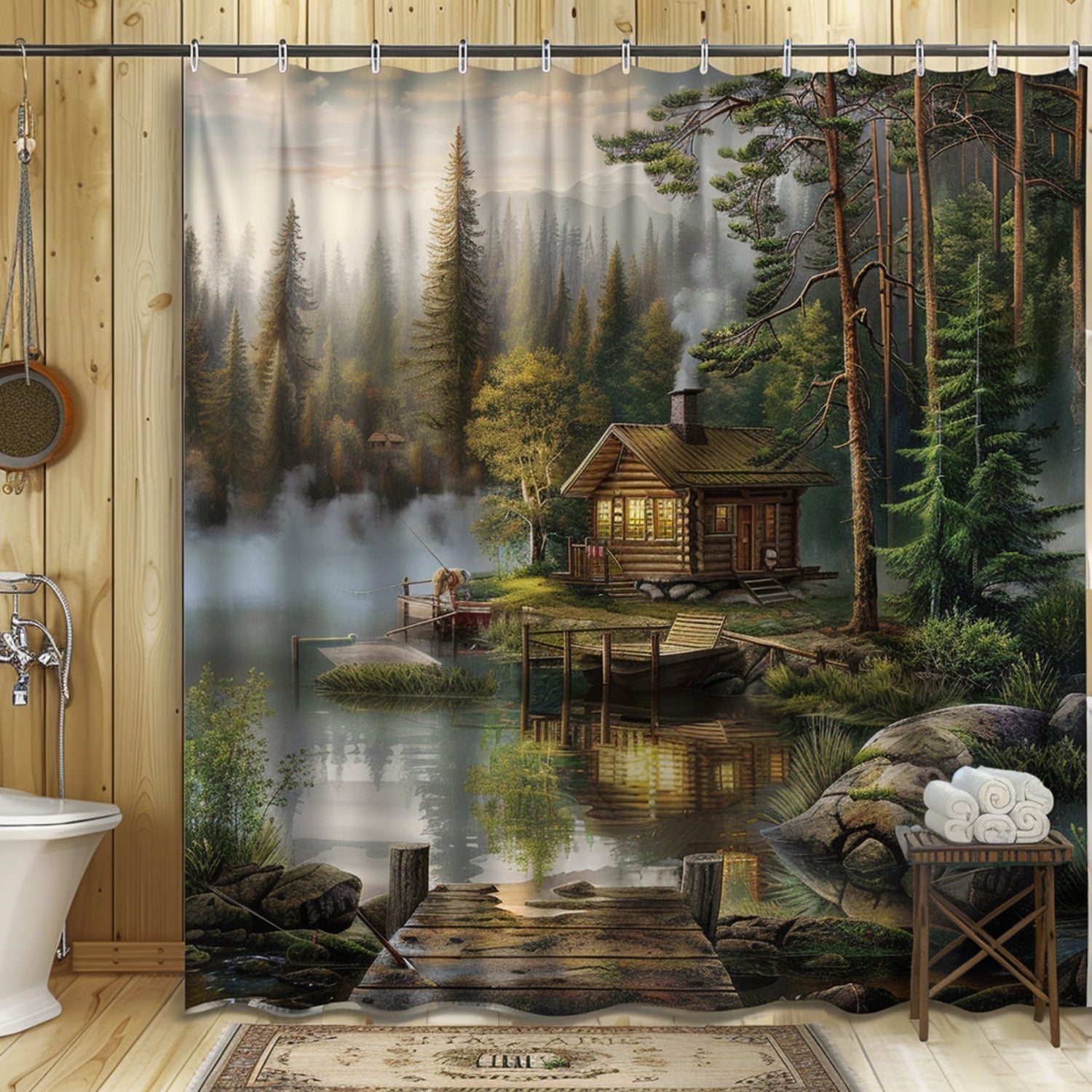 Morning Mist Fishing Lodge Shower Curtain Hyper Realistic Nature Scene ...